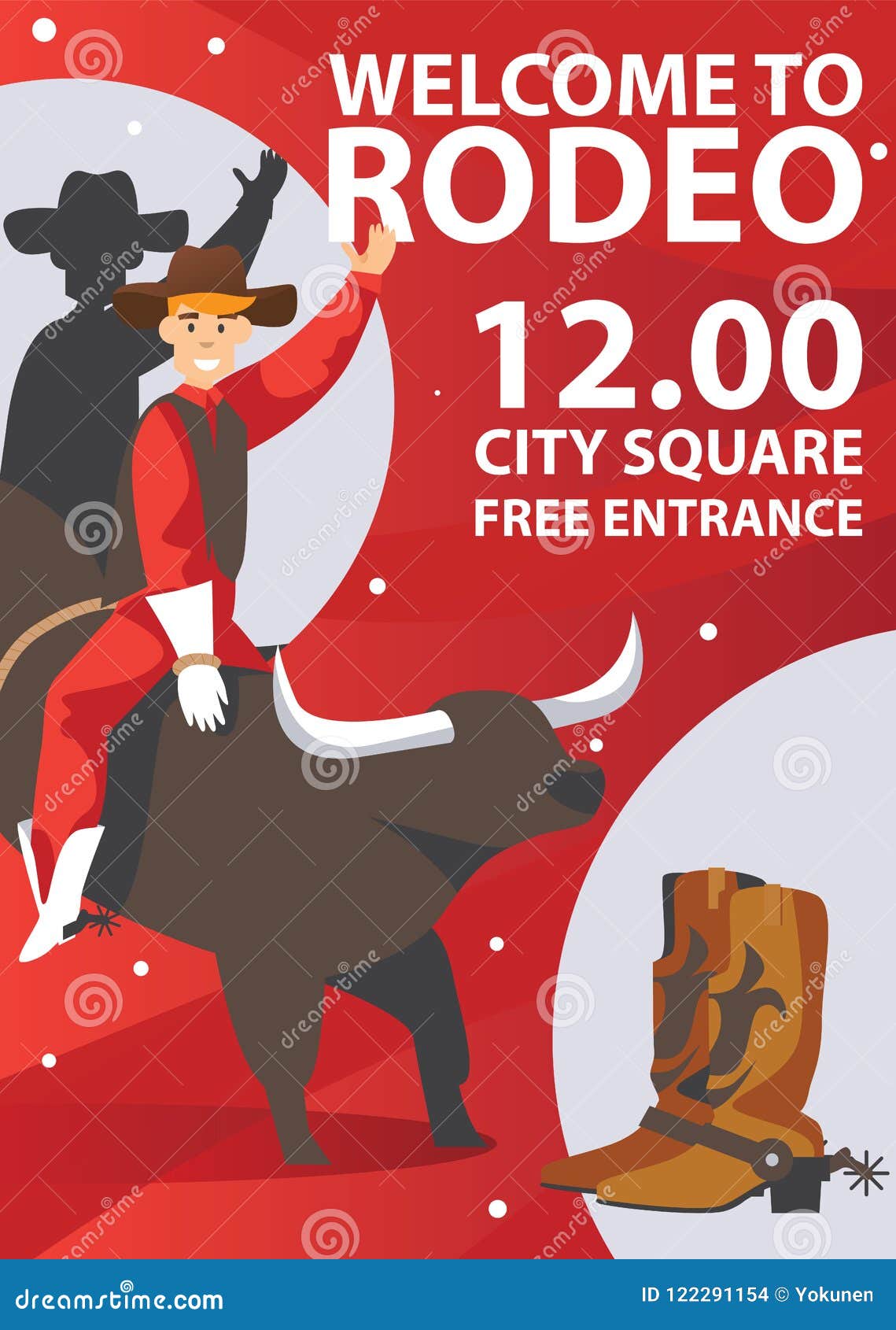 Vertical Rodeo Poster On Red Background. Flat Bull And Man Riding ...
