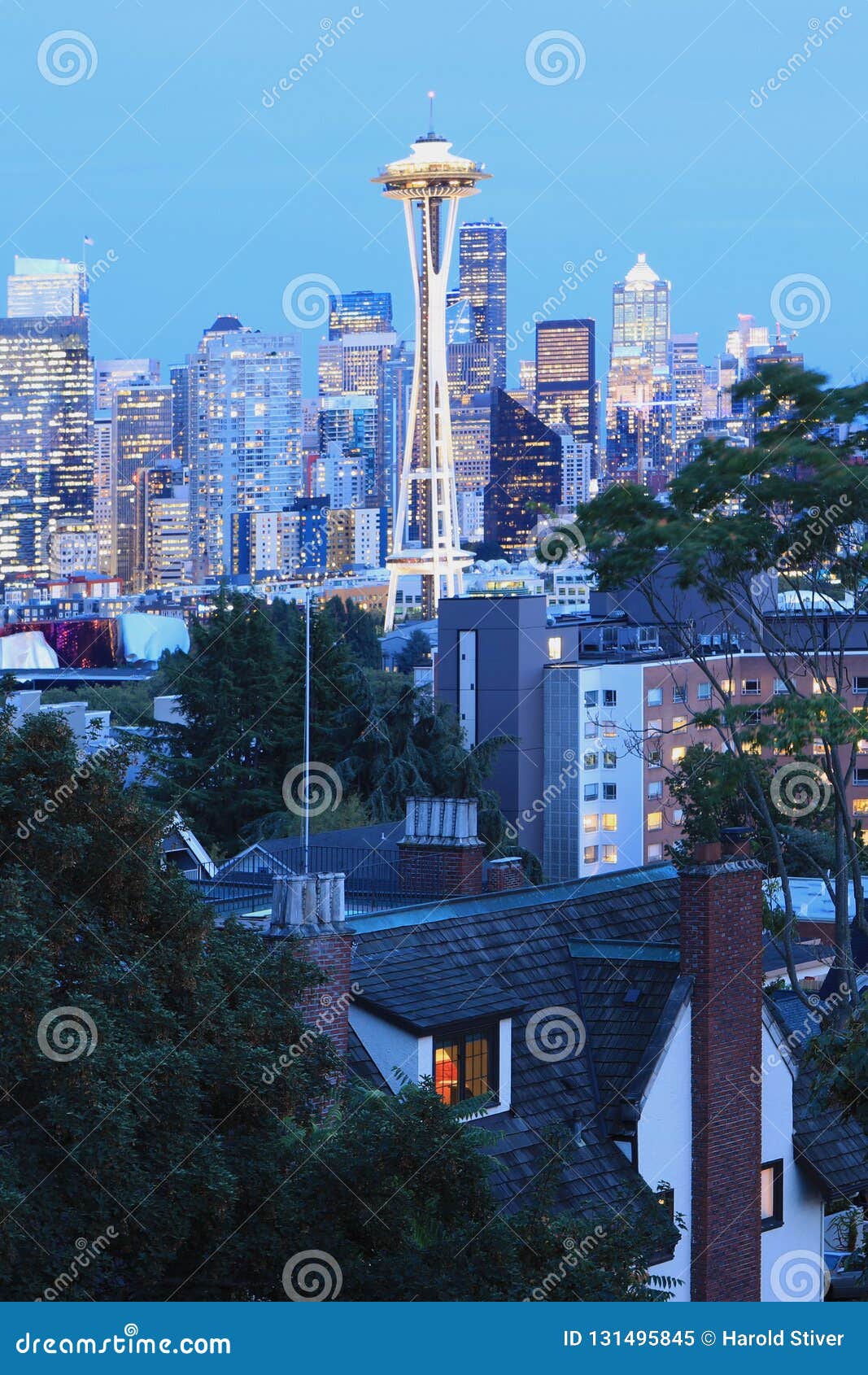 Vertical Seattle, Washington Skyline at Twilight Editorial Image ...