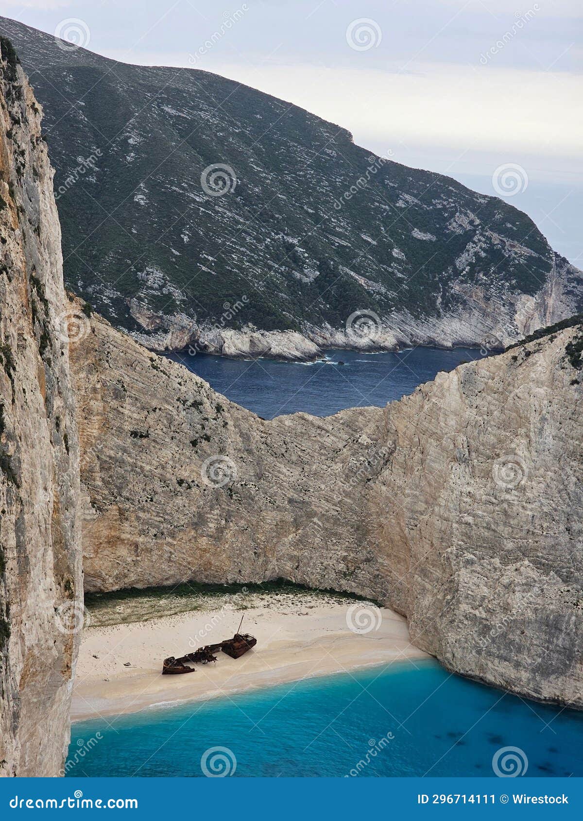 Vertical of Shipwreck on the Beach in Navagio, Greece Stock Image ...