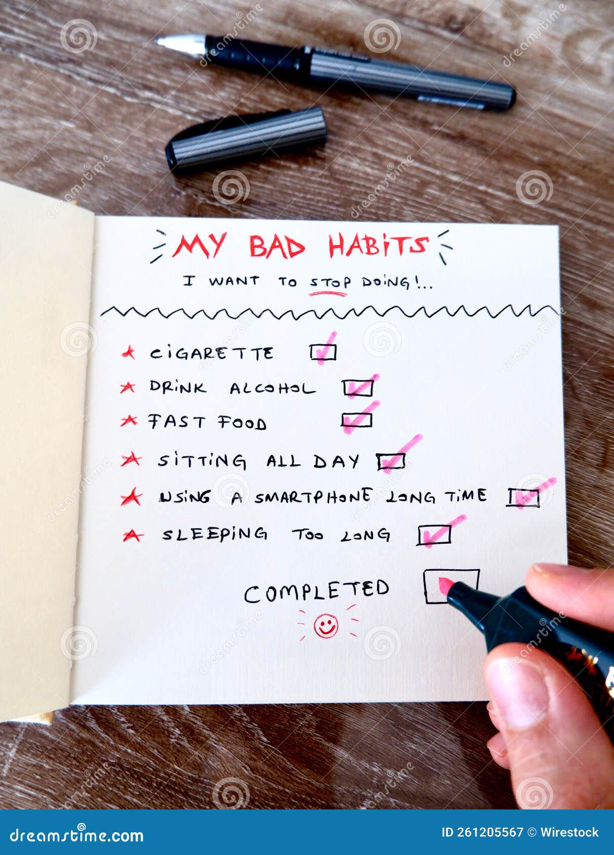 Vertical Shot of a Bad Habits Checklist Written on a Paper Stock Image ...