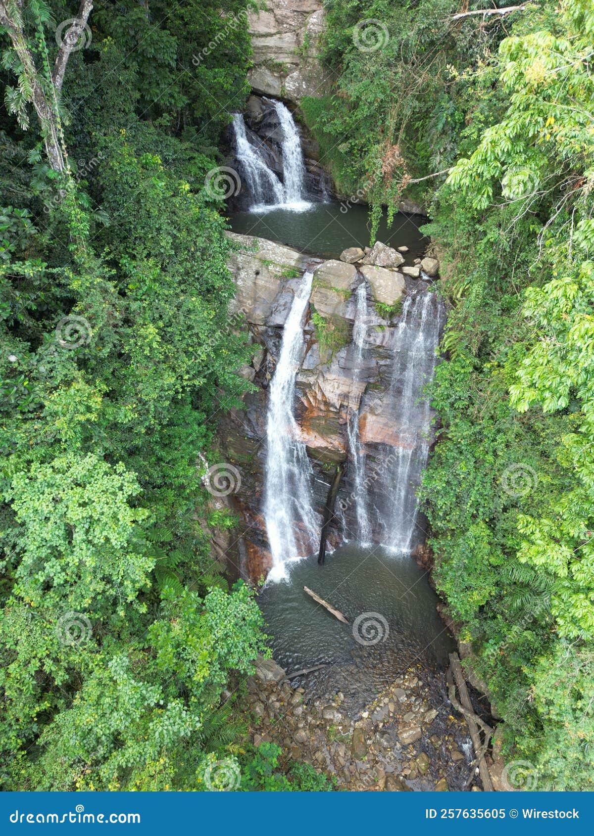 Vertical Shot of Beautiful Two Waterfalls with Surrounding Jungle Stock ...