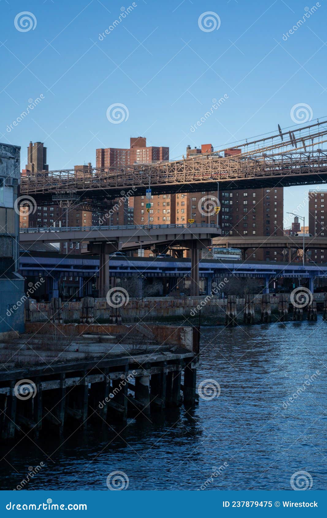 Vertical Shot of Bridges Over a River with Buildings in the Background ...