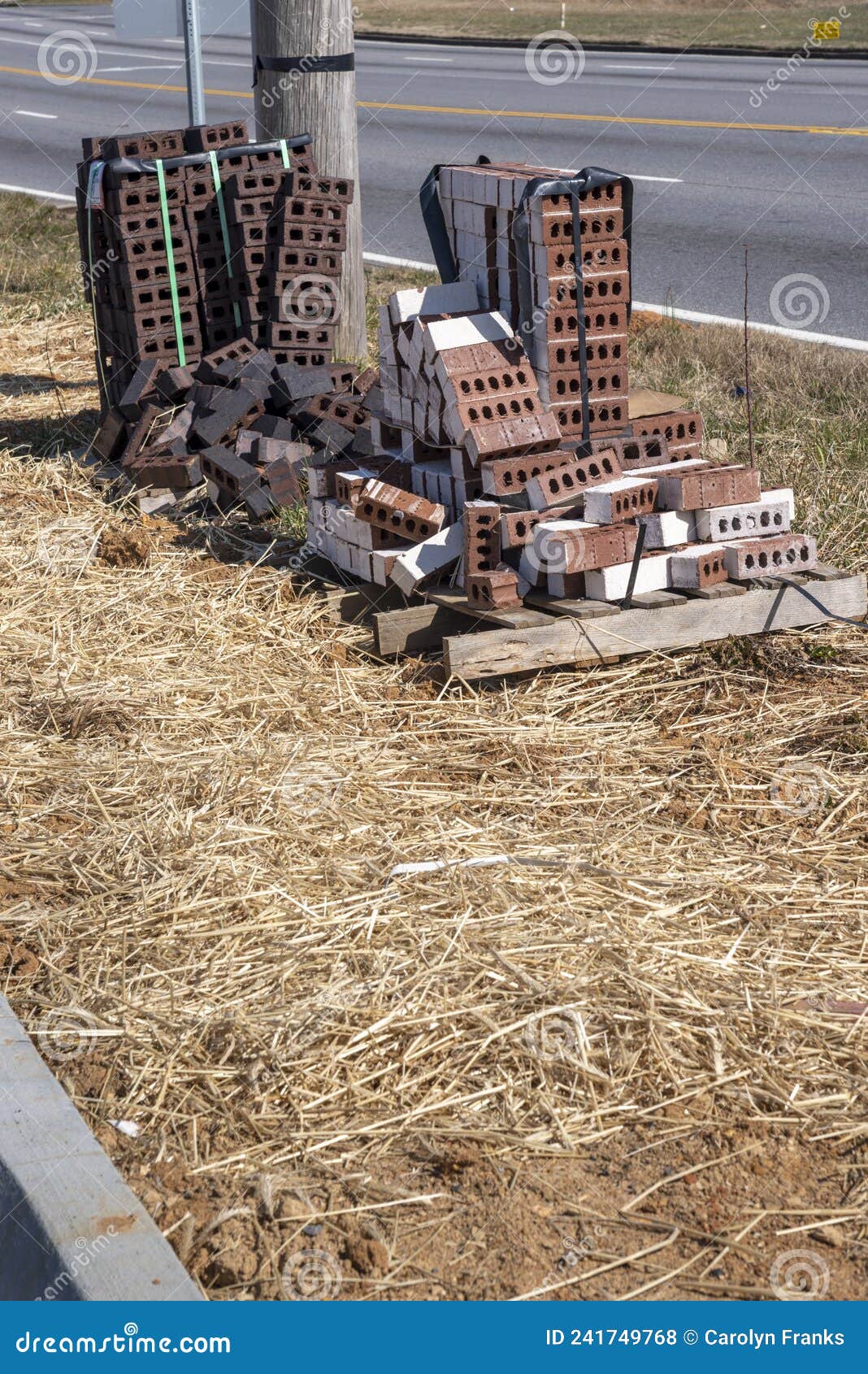 Bundle of Brick at New Construction Site Vertical Stock Photo - Image ...