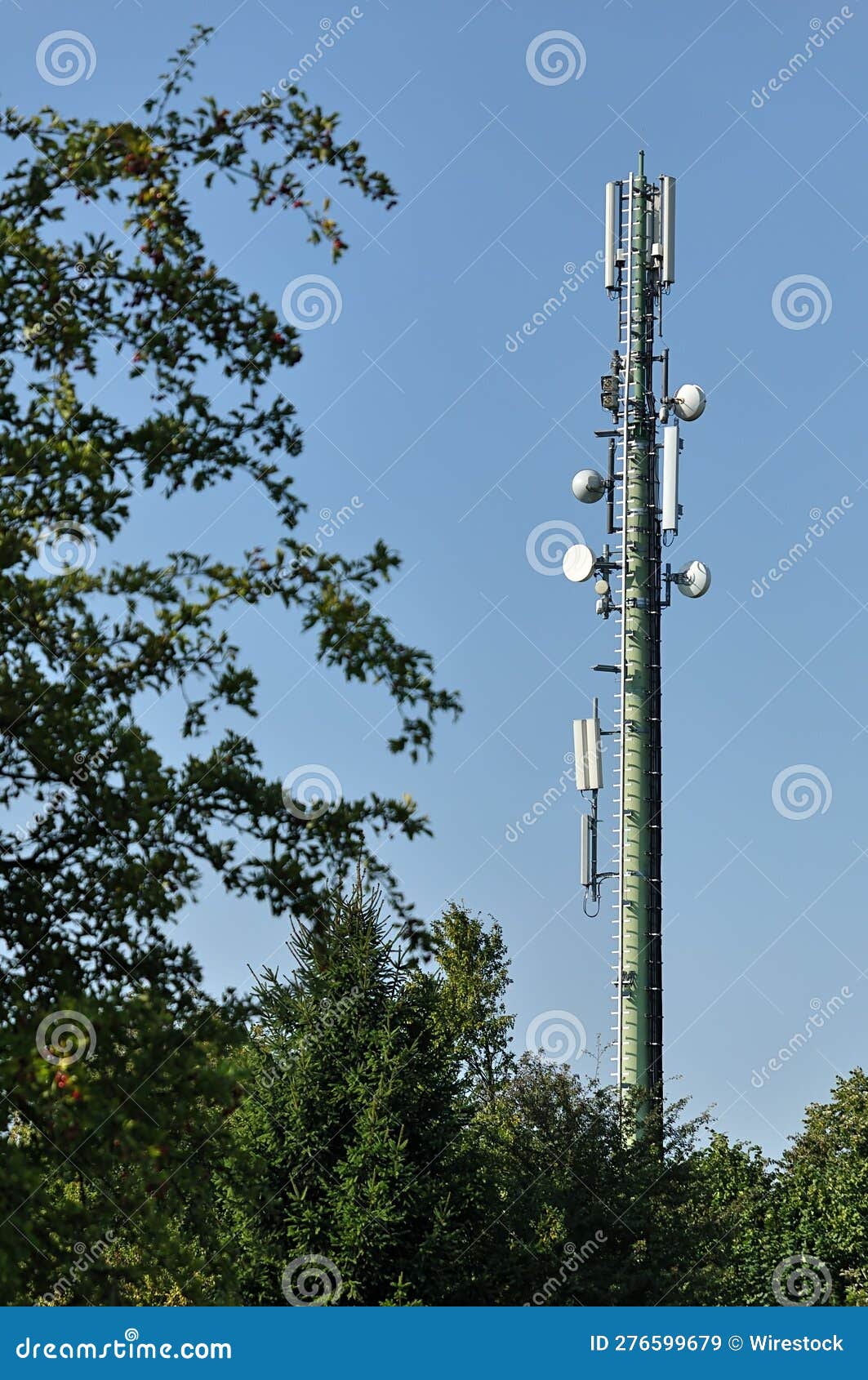 Vertical Shot of a Cell Tower Visible through the Lush Trees Stock ...