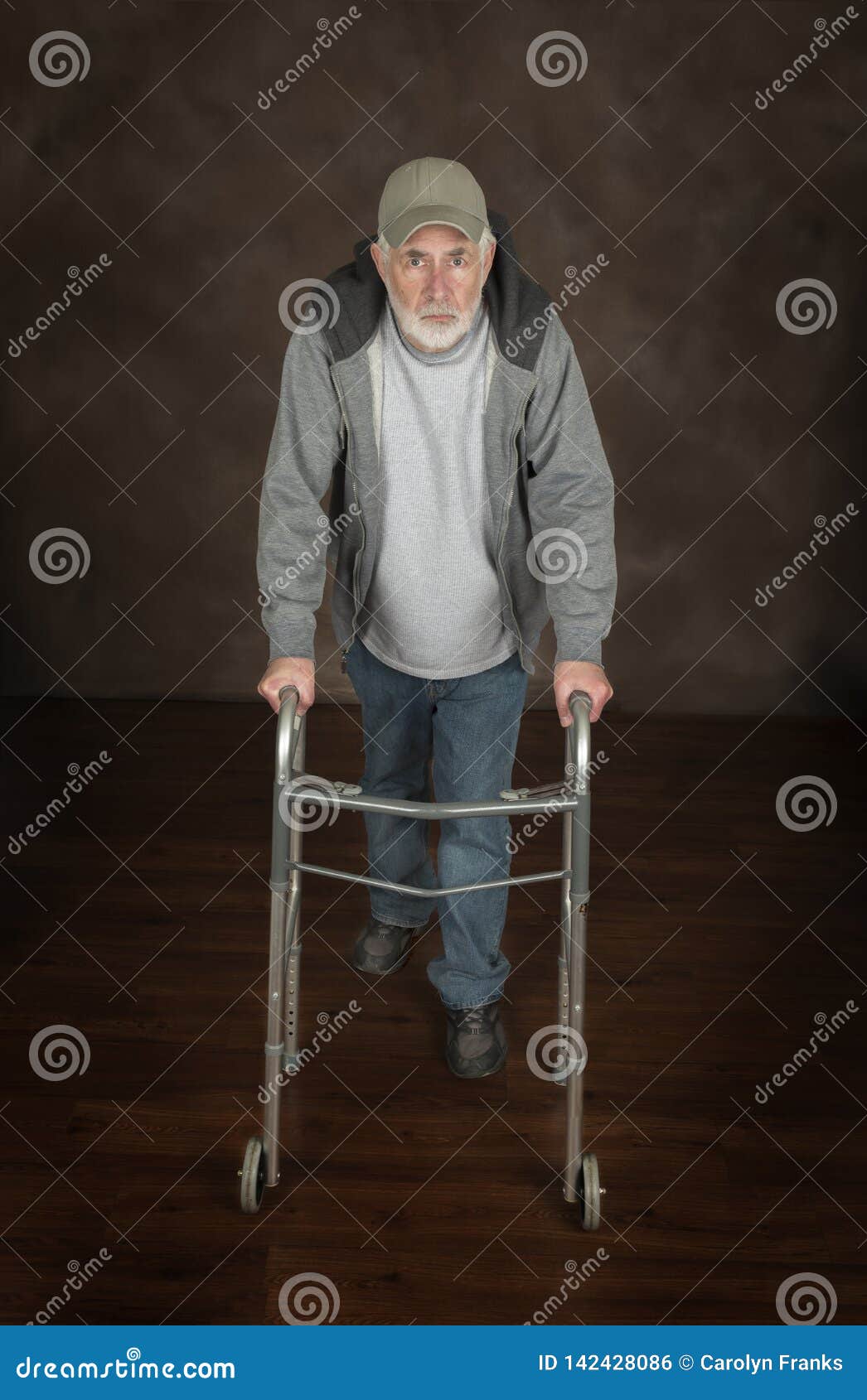 Determined Old Man with Walker Stock Photo - Image of background, blue ...