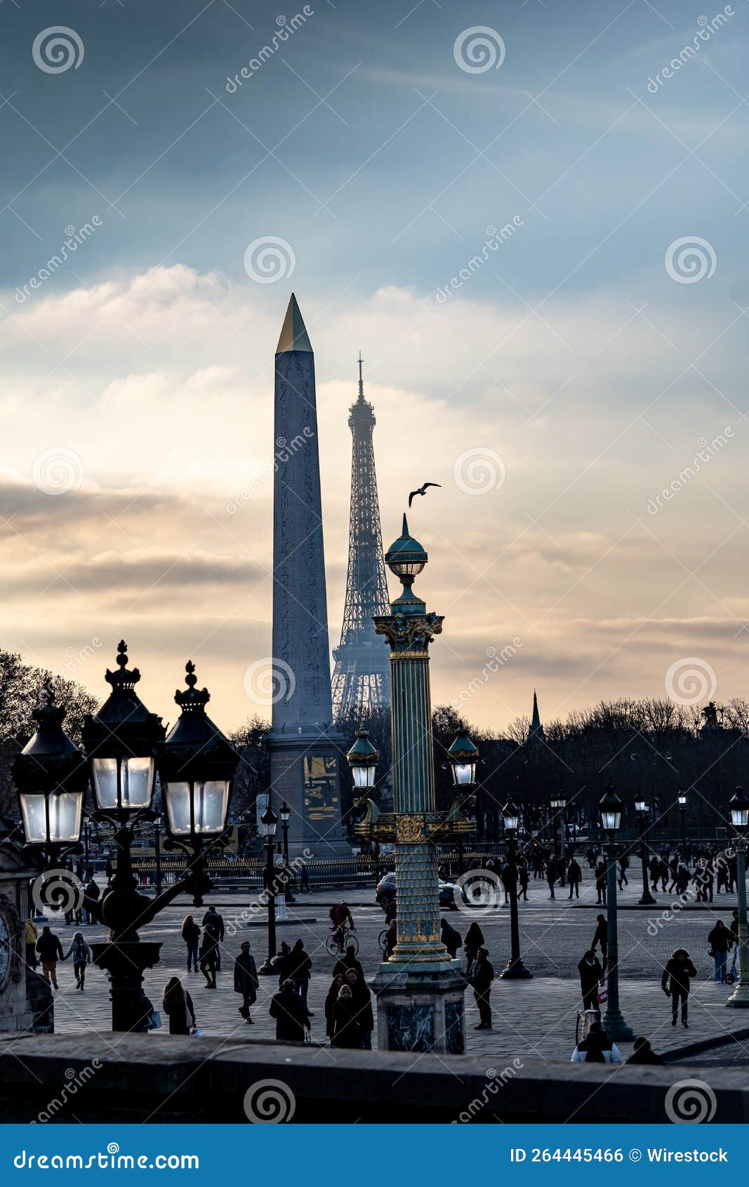 Vertical Shot of the Eiffel Tower and Concorde on Sunset Sky Background ...