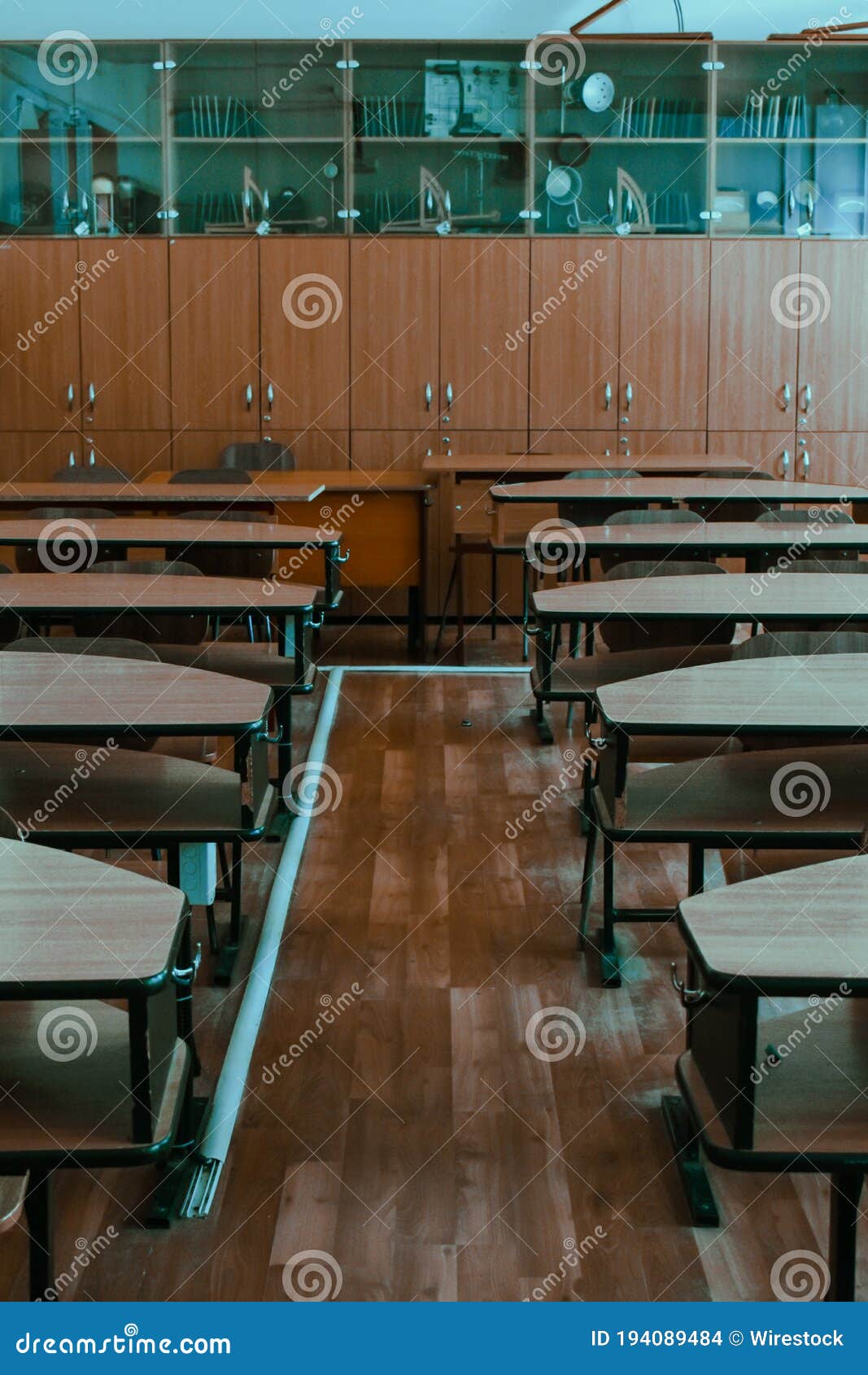 Vertical Shot in an Empty Classroom Full of Desks Stock Photo - Image ...