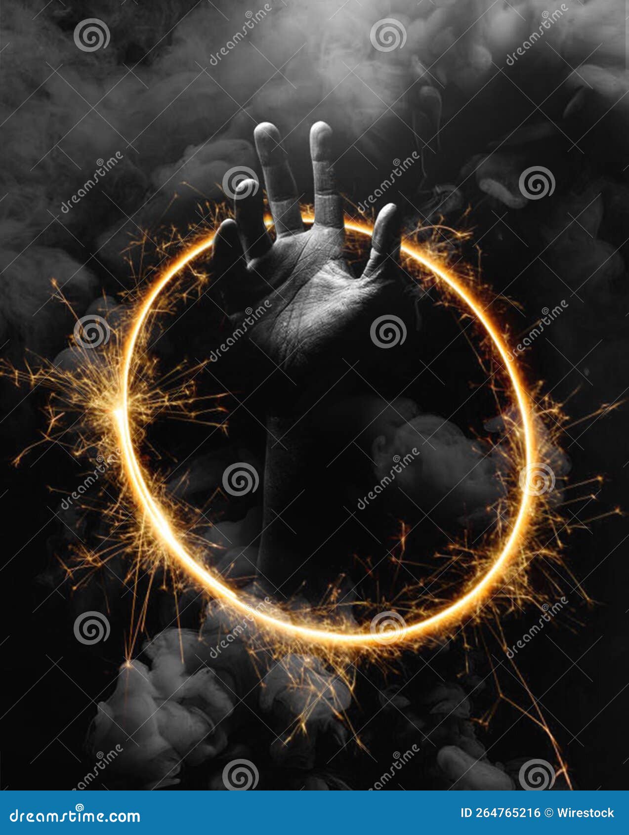 Vertical Shot of the Hand Reaching Up in Smoke through the Ring of Fire ...