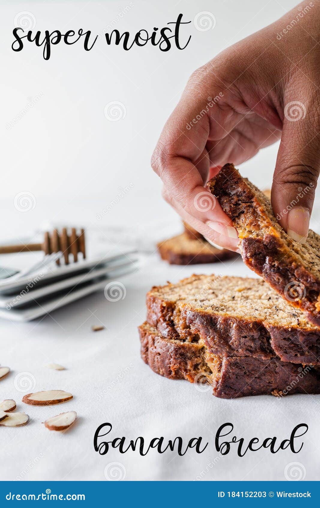 Vertical Shot of Human Hand Touching Bread with Banana Bread and Super ...