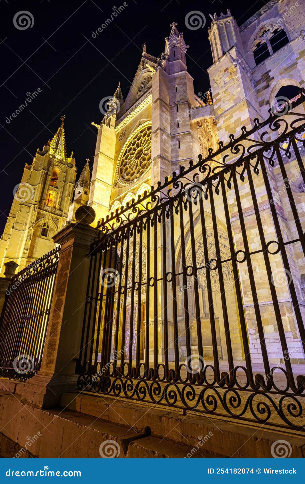 Vertical Shot of the Leon Cathedral in the Night Lights Editorial Stock ...