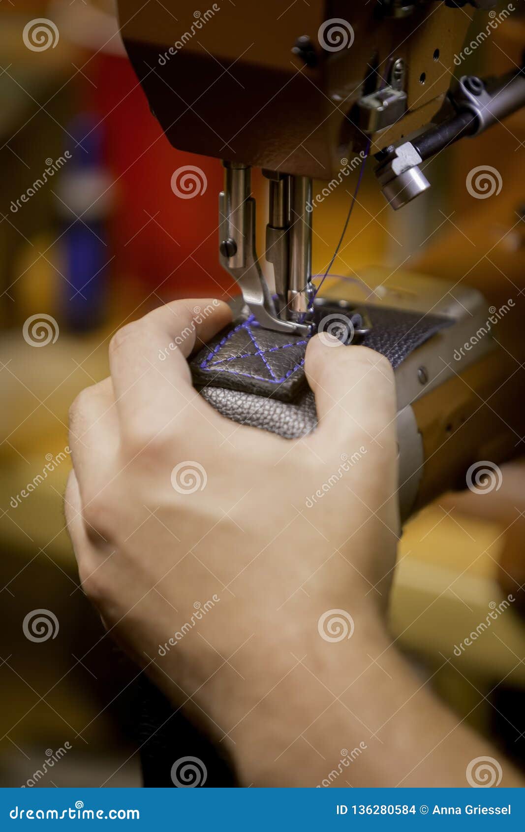 Vertical Shot of Making a Full Box Stitch on Black Leather Stock Photo ...