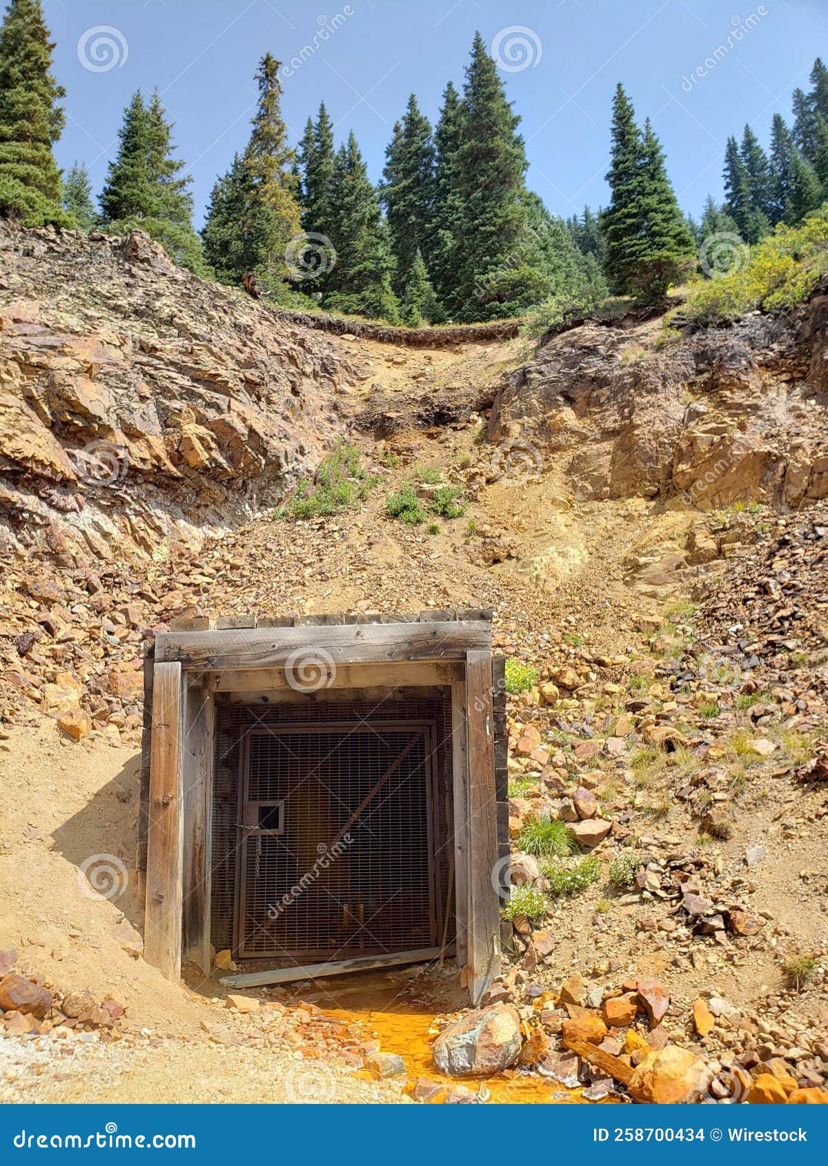 Vertical Shot of the Mine Entrance with Green Trees in the Background ...