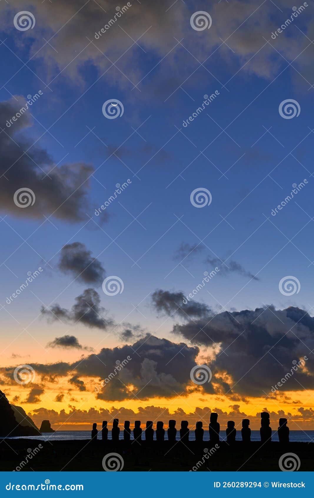 Vertical Shot of the Moai Stone Statues in a Row at Sunset, Chile Stock ...