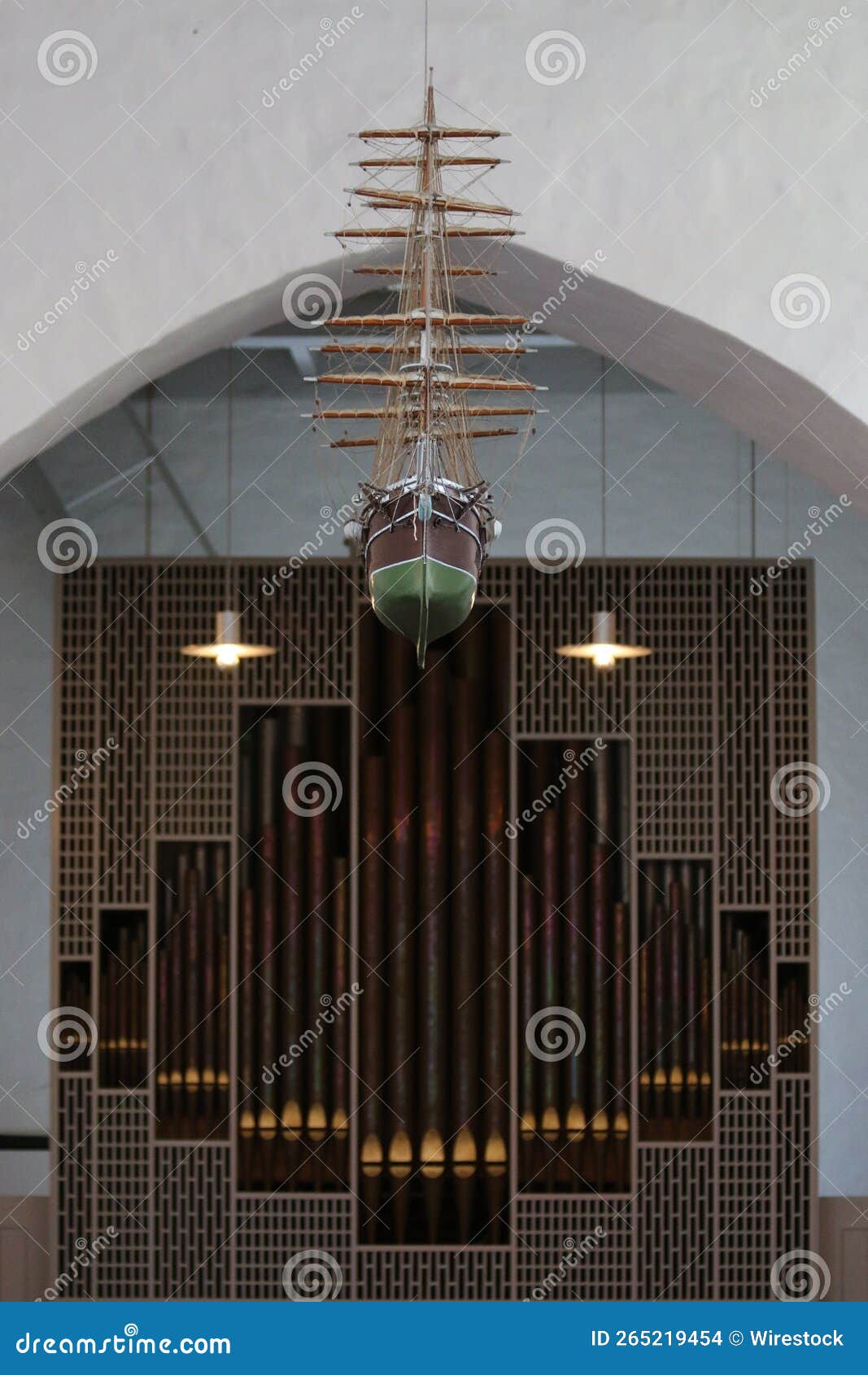 Vertical Shot of a Model of a Ship Hanging from a Ceiling. Stock Photo ...