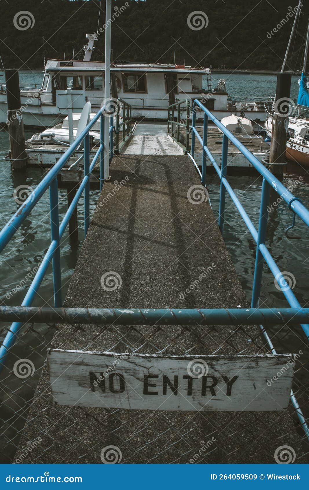 Vertical Shot of NO ENTRY Sign on the Dock with Blue Railings Stock ...