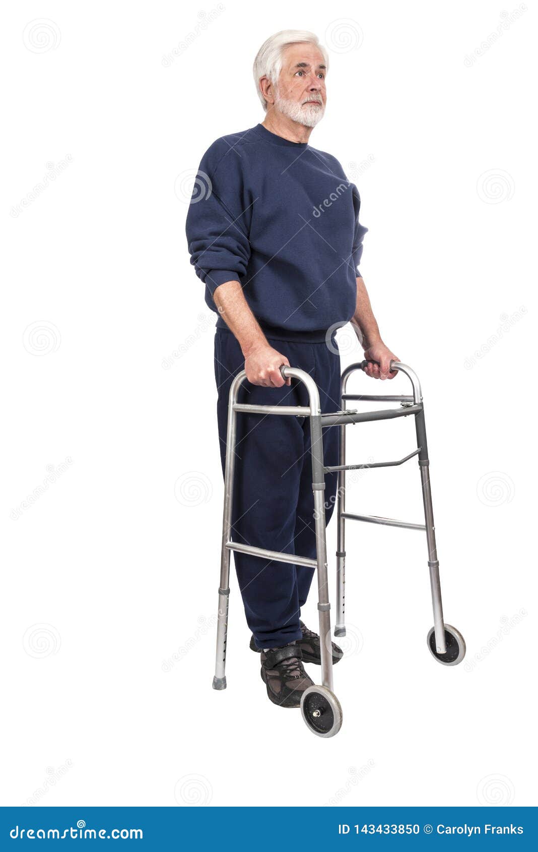 Old Man with Walker Facing Camera Right Isolated on White Stock Photo ...