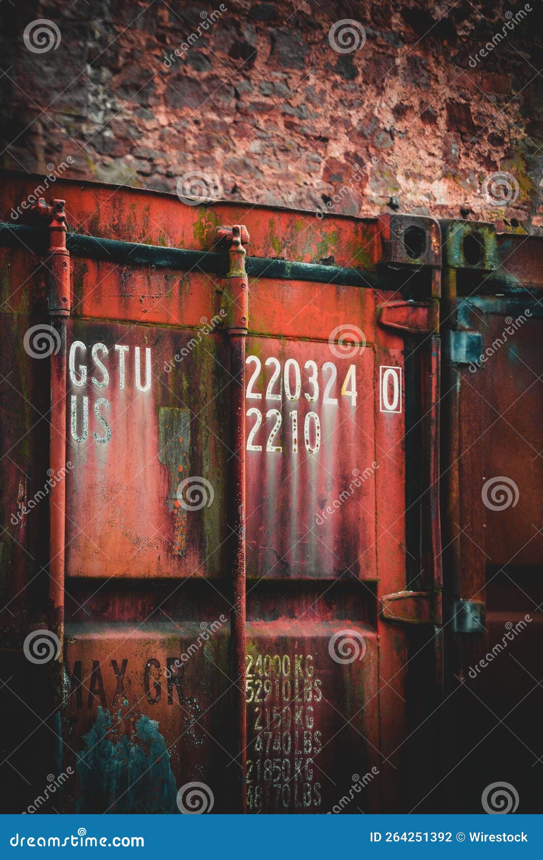 Vertical Shot of Old Red Rusty Shipping Container Door with Technical ...