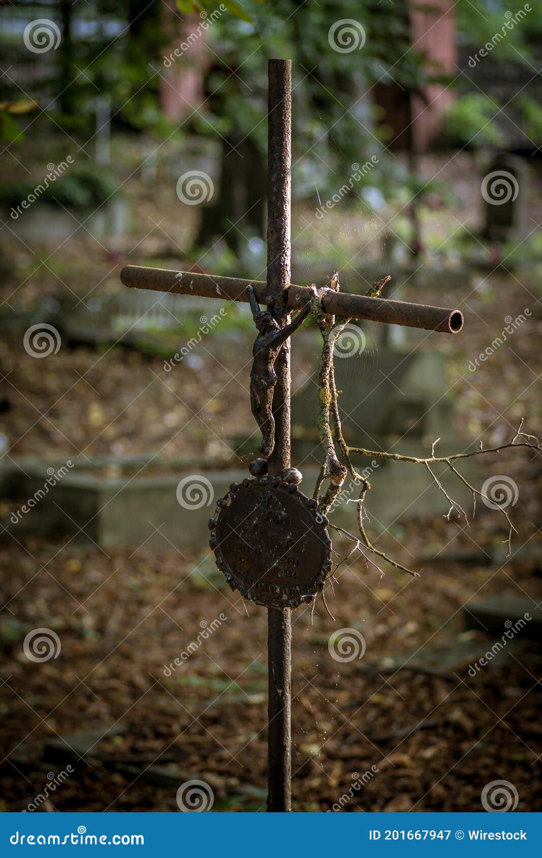 Vertical Shot of an Old Rusted Cross with a Spider Web on it in the ...