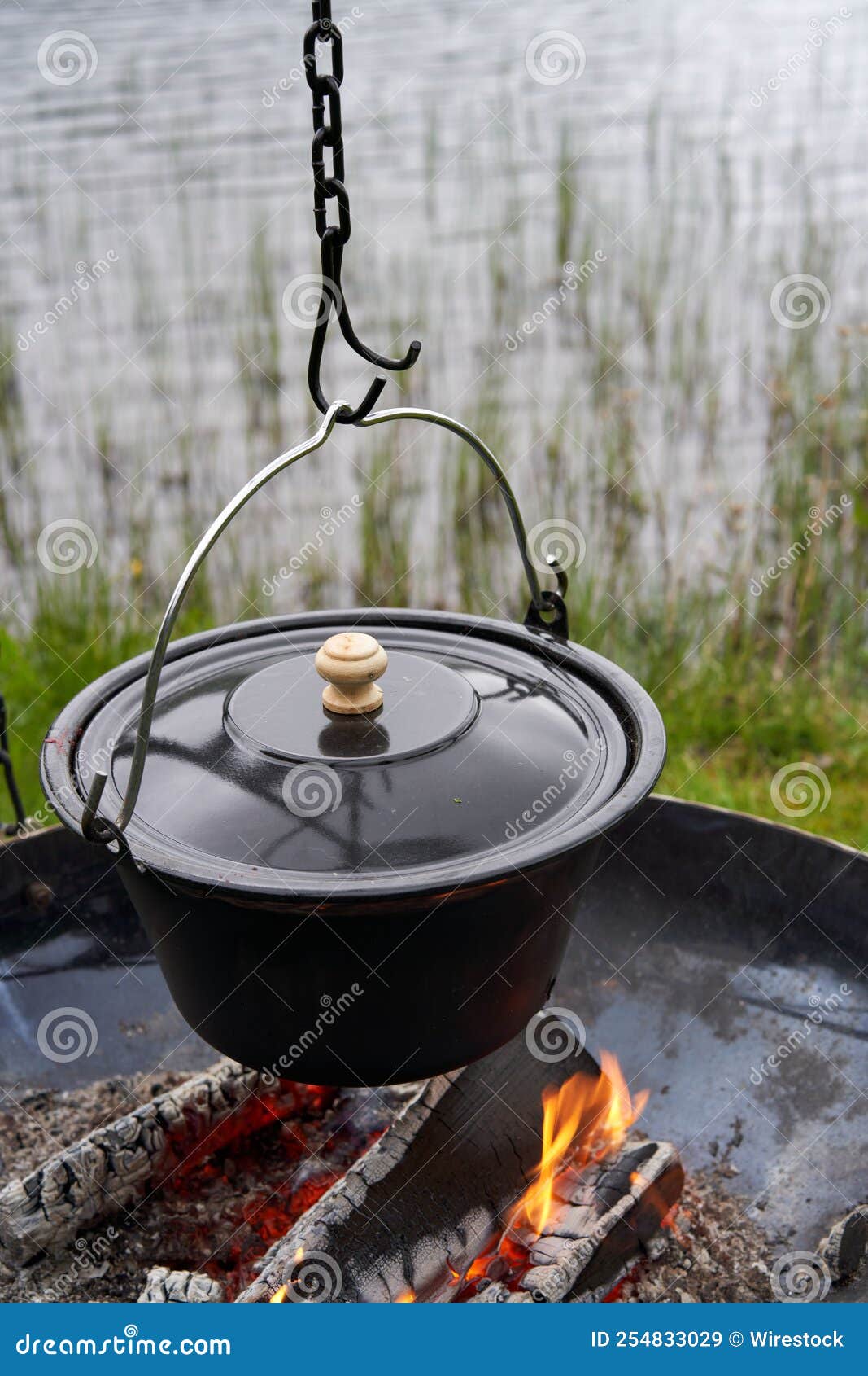 Vertical Shot of a Pot Cooking on a Campfire Stock Image - Image of ...