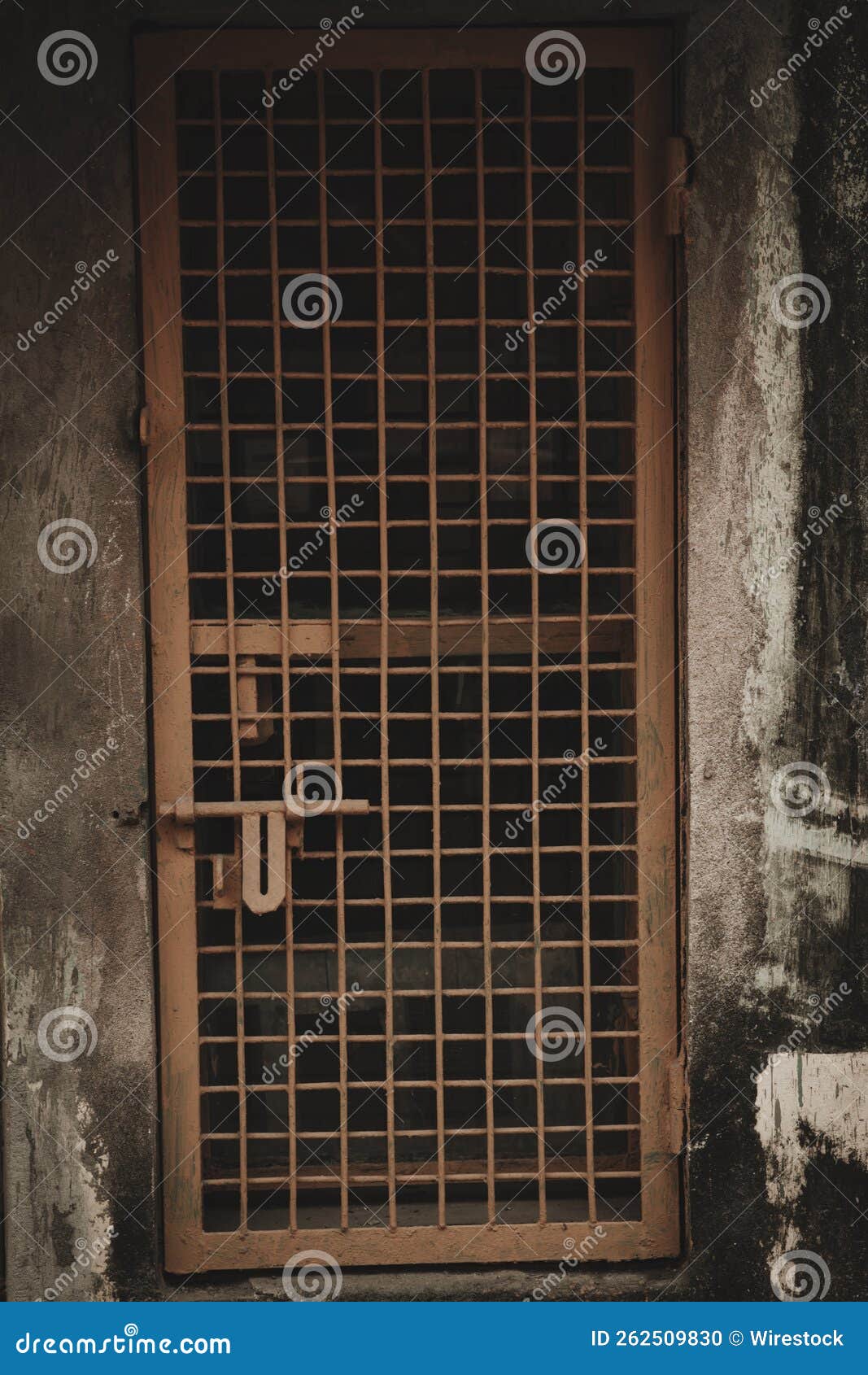 Vertical Shot of a Rusted Cage Door with Bars on an Old Weathered Wall ...