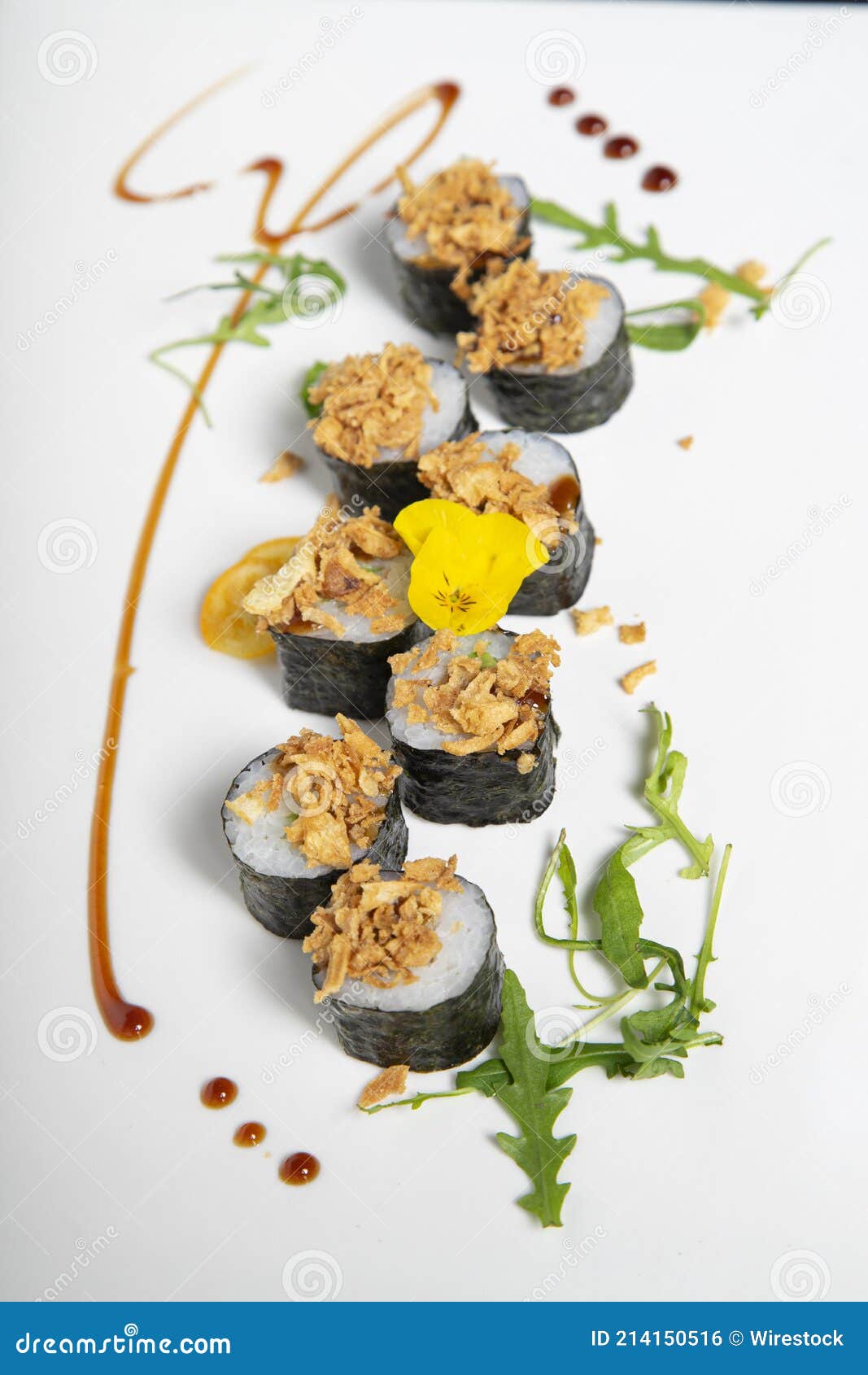 Vertical Shot of Shrimp Sushi Rolls with Fried Onion on Top Stock Photo ...