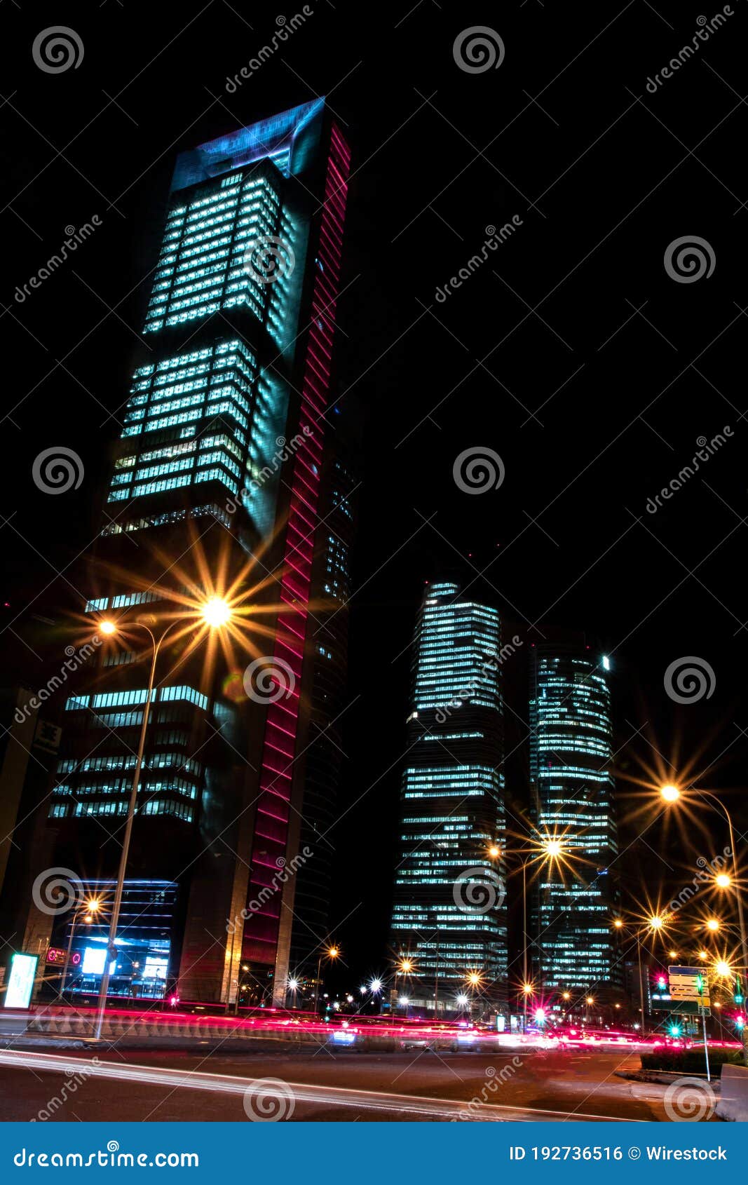 Vertical Shot of Skyscraper in Madrid at Night Stock Photo - Image of ...