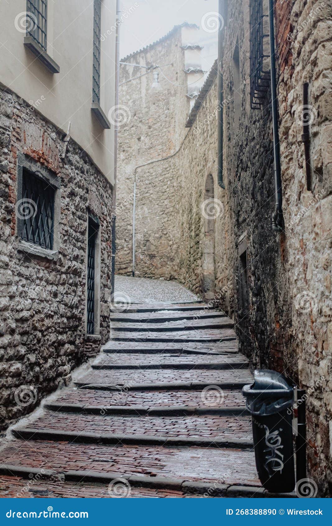 Vertical Shot of the Street Ladder between the Ancient Buildings Stock ...