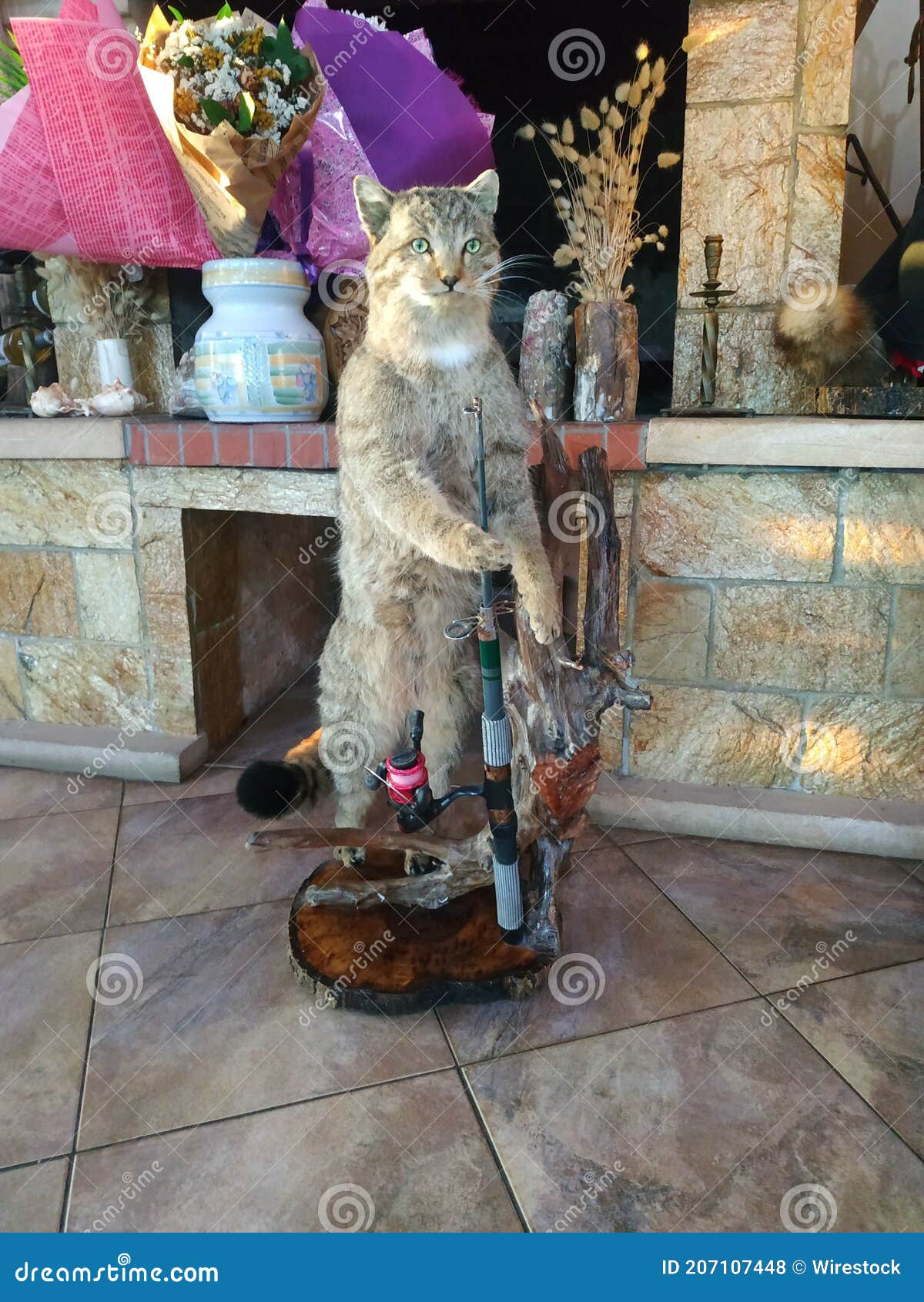 Vertical Shot of a Stuffed Cat with a Fishing Rod Stock Photo - Image ...