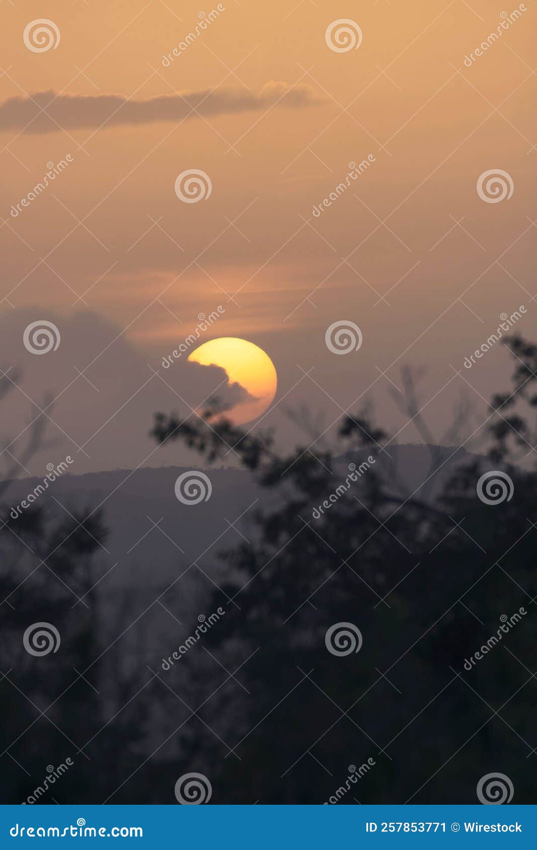 Vertical Shot of the Sun Rising Behind Clouds Over a Silhouette of a ...