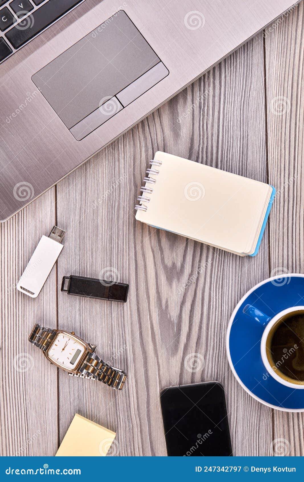 Vertical Shot Top View Flat Lay Office Workdesk on White Table. Stock ...