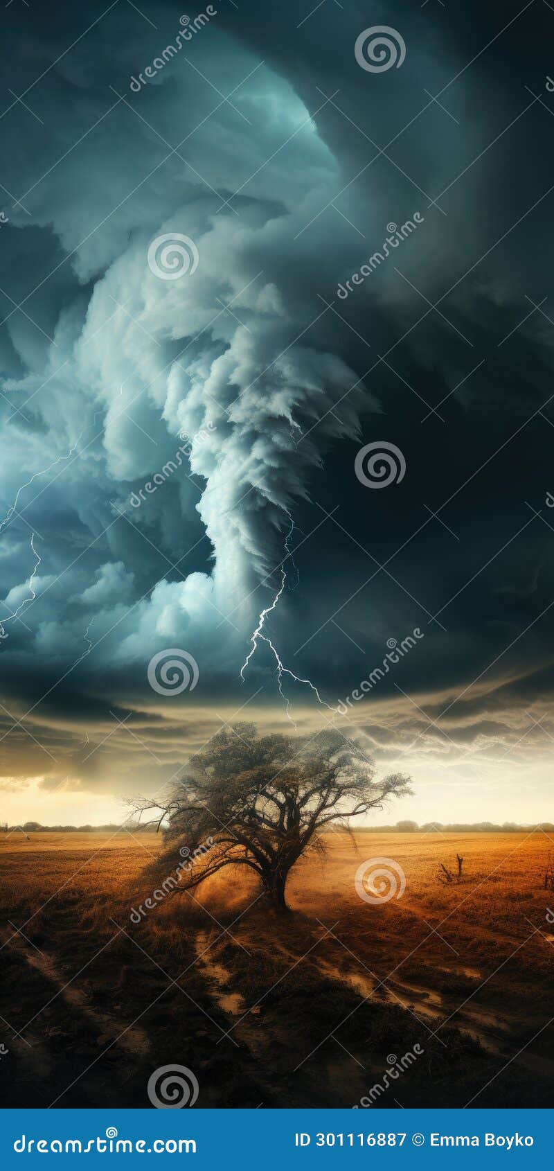 Vertical Shot of a Tornado with Lightning Striking the Fields at Sunset ...