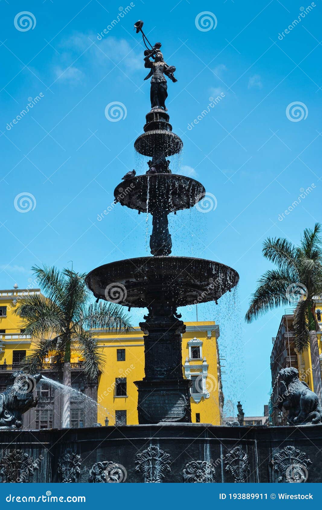 Vertical Shot of the Water Fountain of the Main Square of Lima, Peru ...