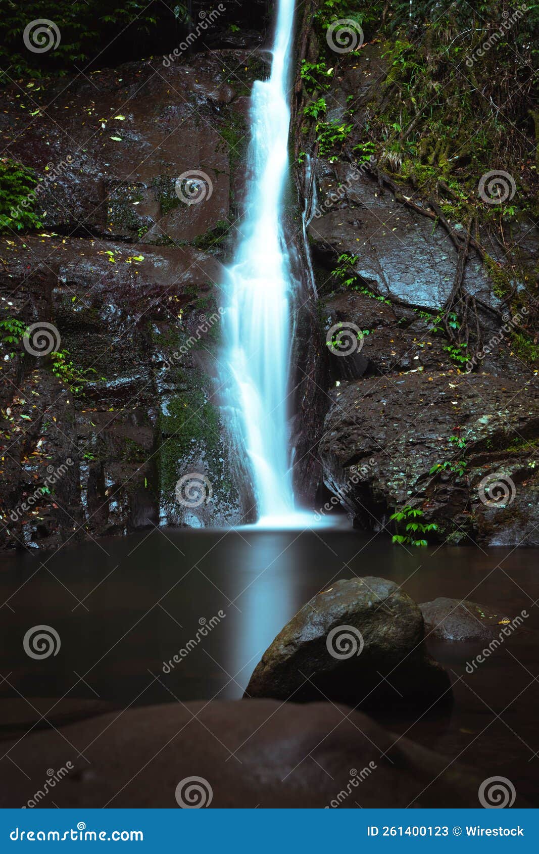 Vertical Shot of a Waterfall Streaming Down Rocks. Long Exposure Stock ...