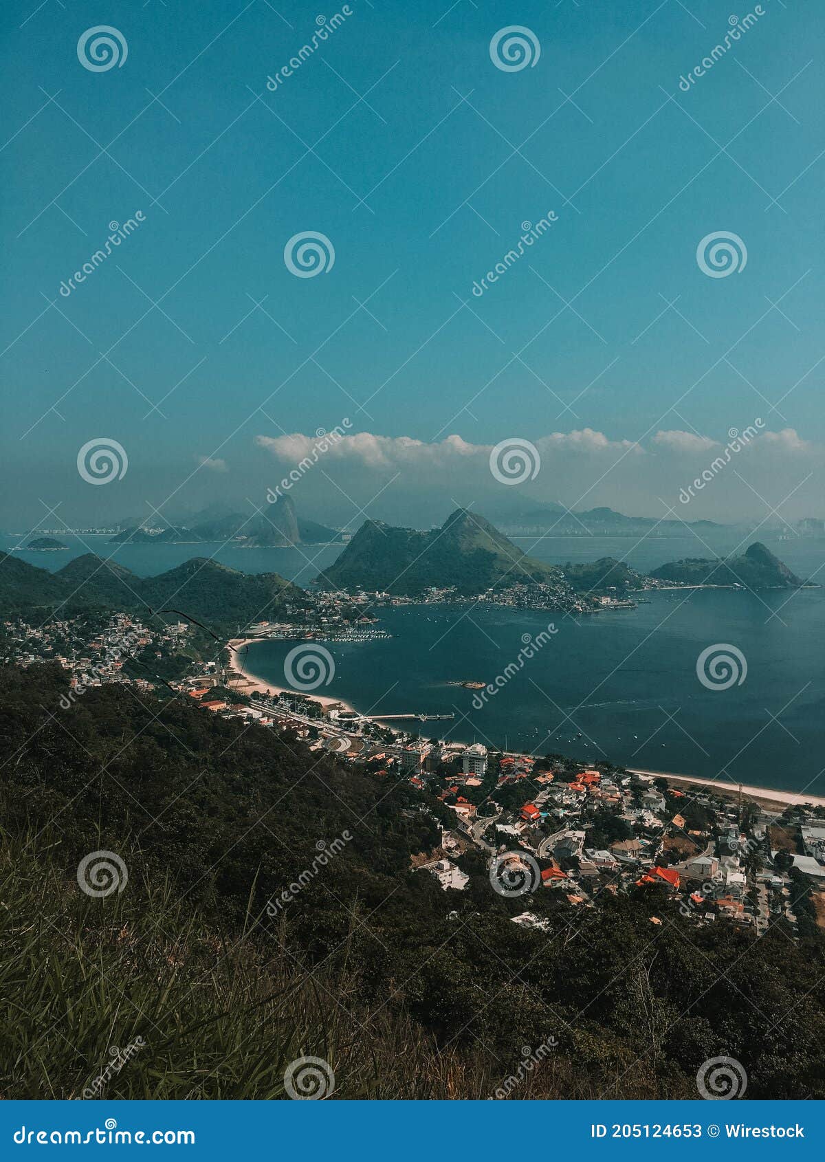 Vertical Shot of a Waterfront Small Town Cityscape Under a Beautiful ...