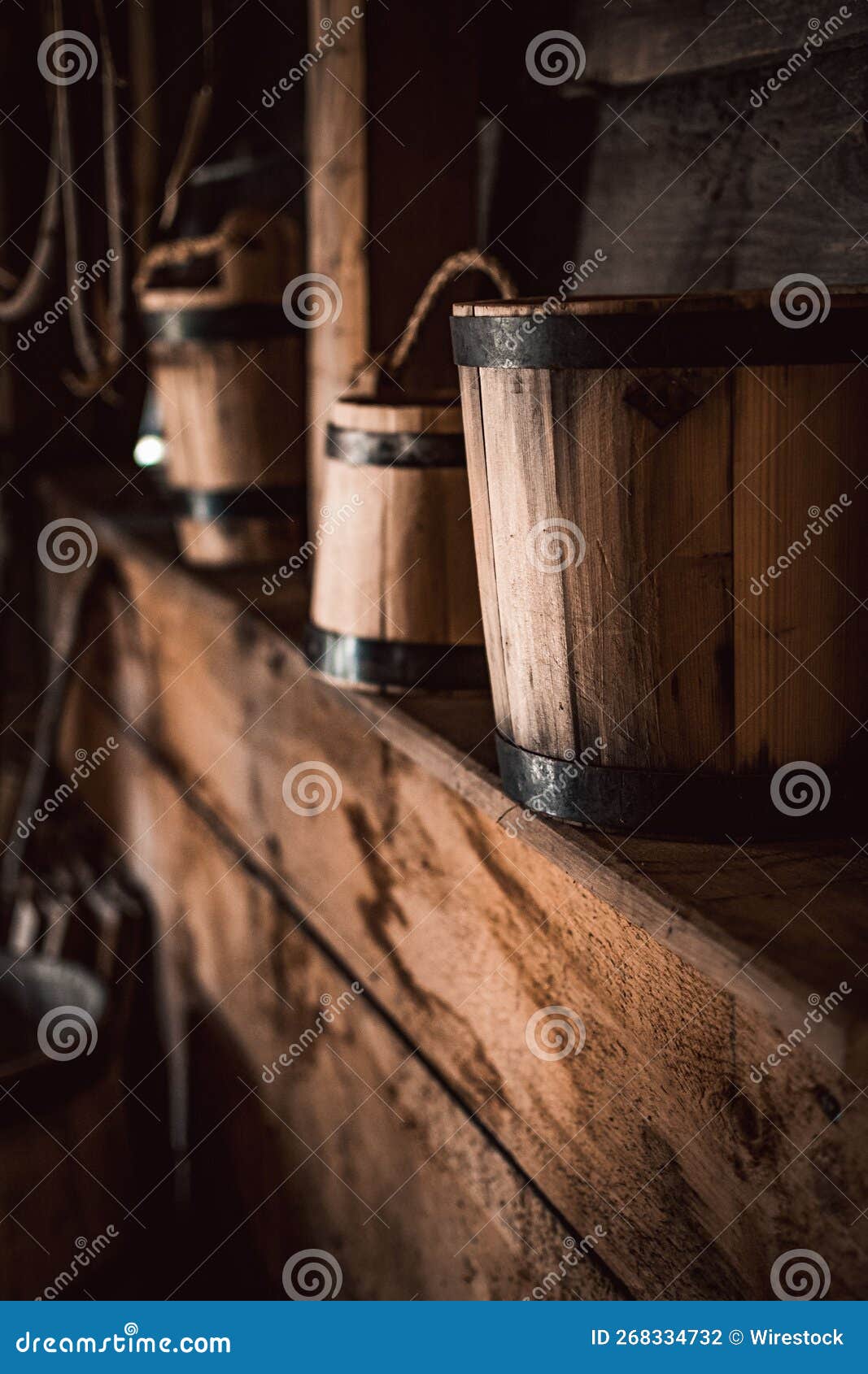 Vertical Shot of Wooden Buckets on Shelf Stock Photo - Image of rustic ...