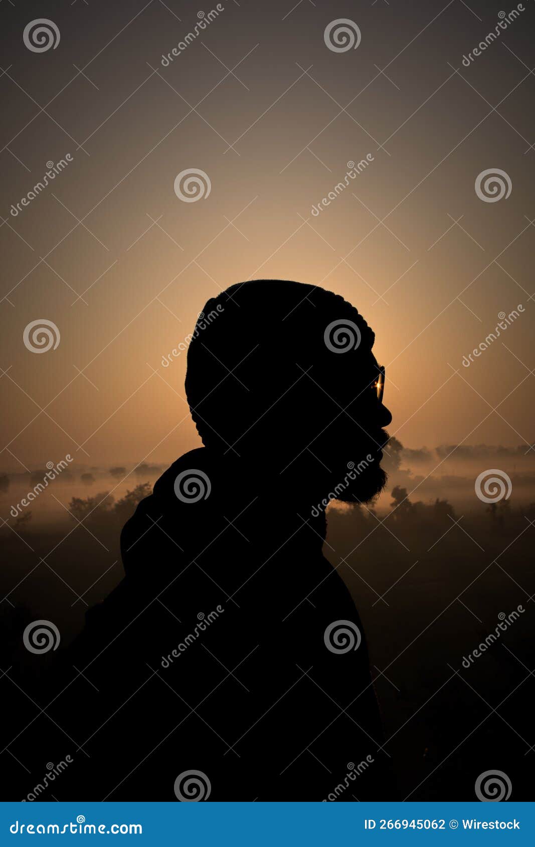 Vertical Silhouette of a Man with Glasses Against Sunset Sky Stock ...
