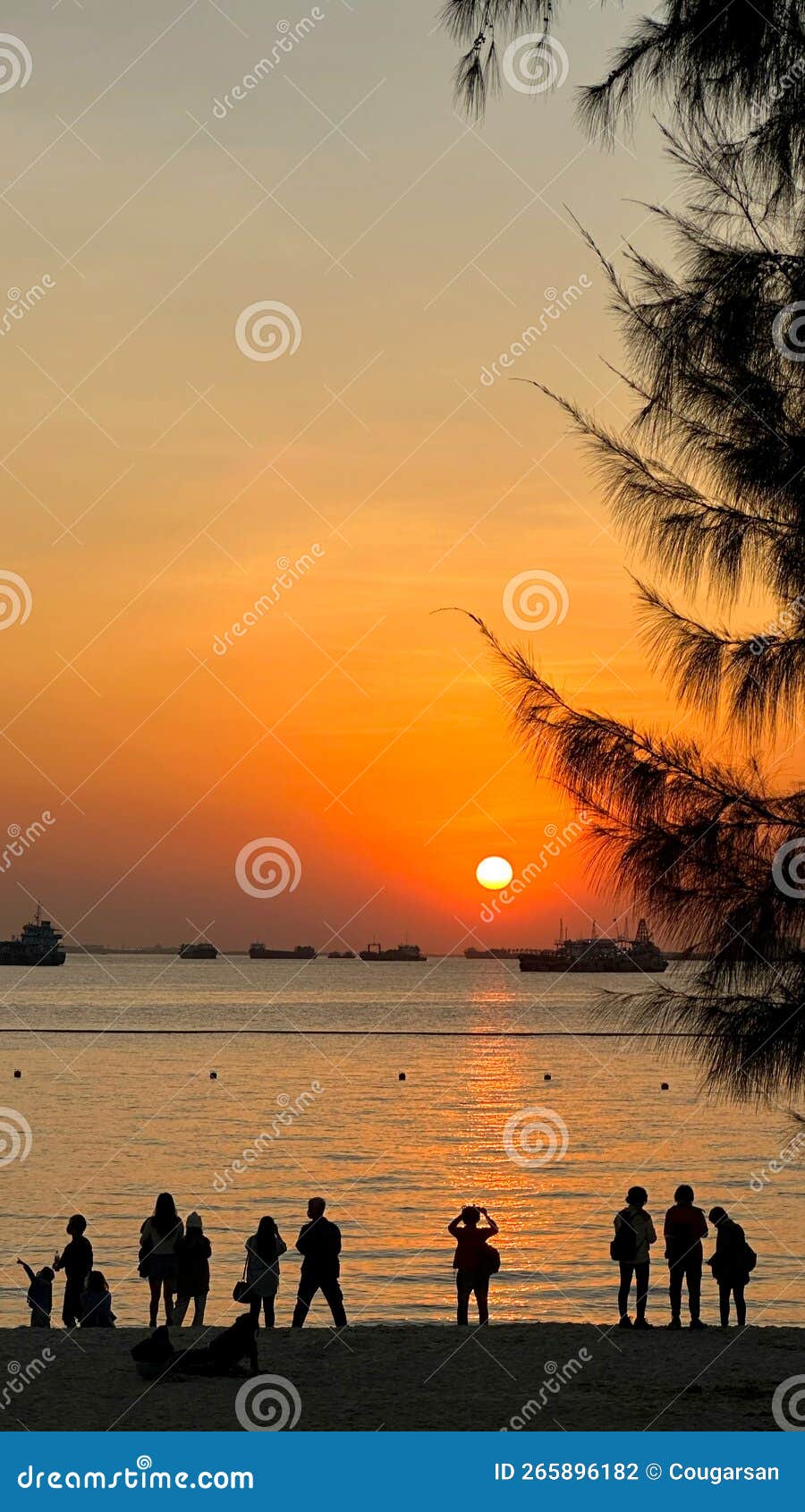 Vertical Silhouette of Tree, Boat, Group People on Beach with Sun and ...