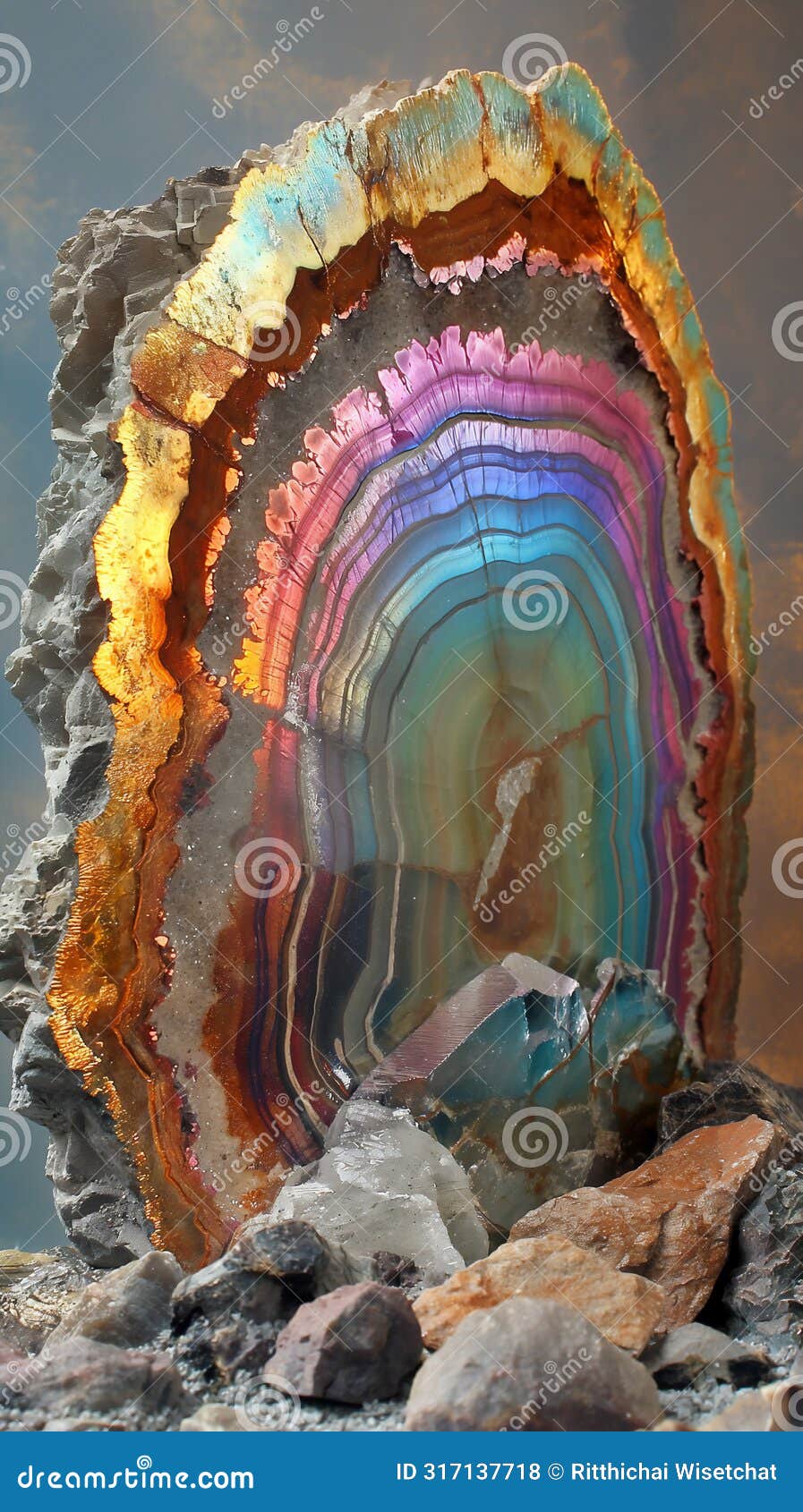 A Vertical Slice of a Vibrant Geode Displaying Vivid, Colorful Layers ...
