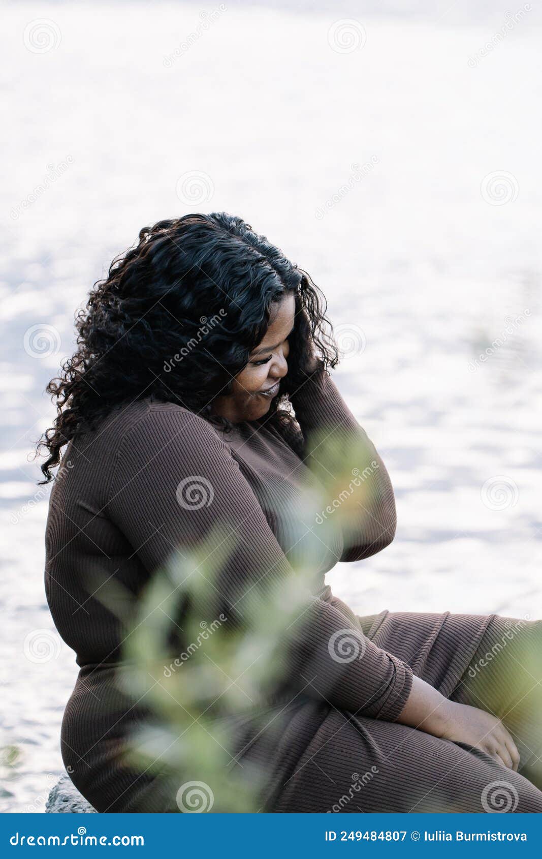 Vertical Smiling Shy Curly Plump Interracial African American Dark Skin