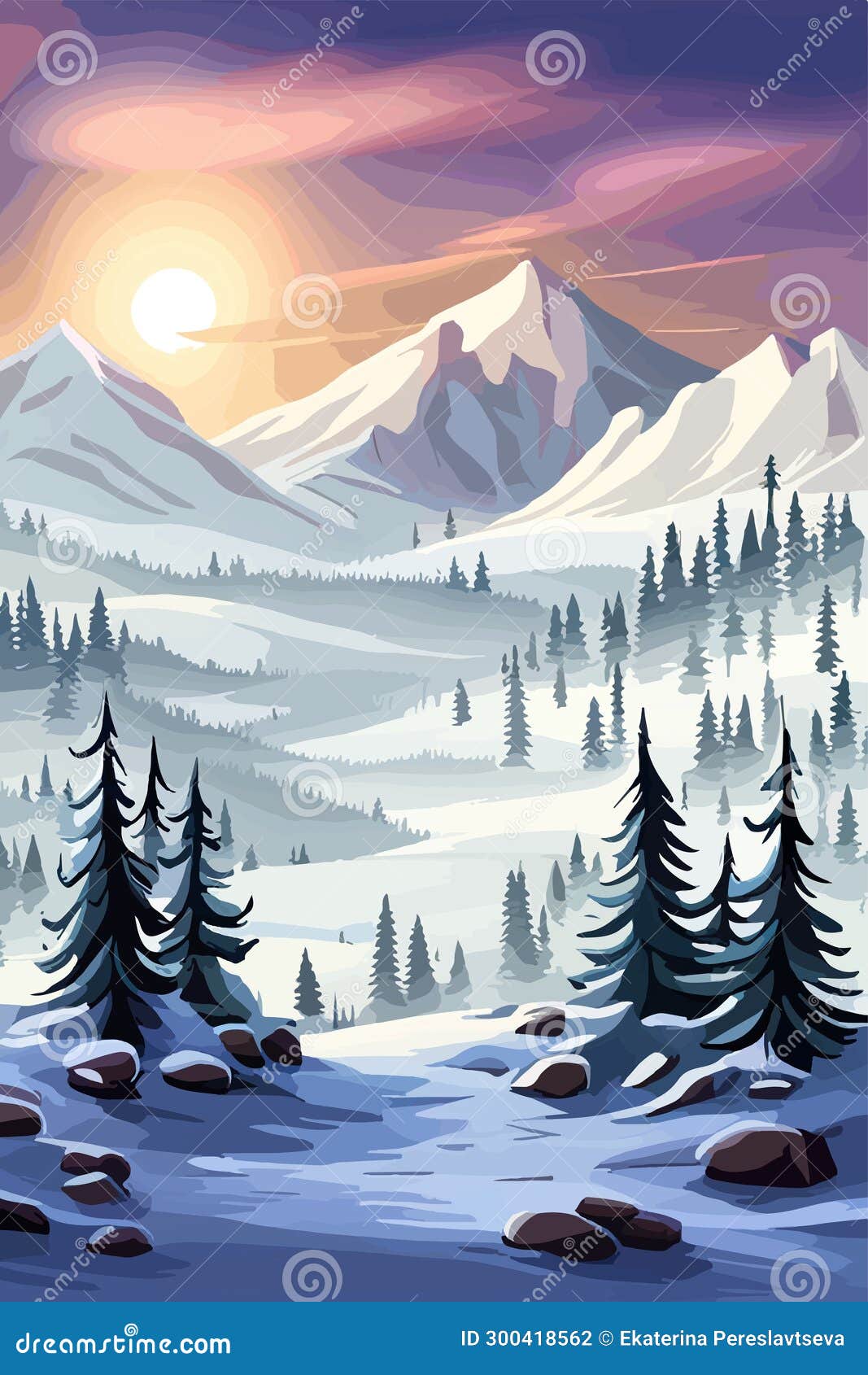 Vertical Snowfall in Winter Forest on the Background of Mountains ...