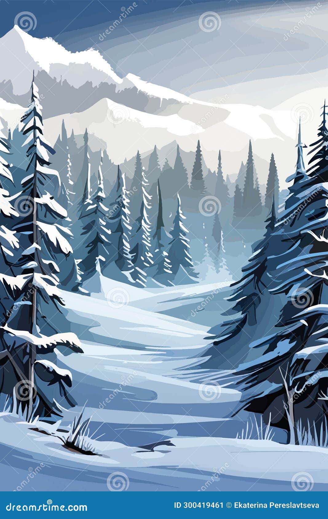 Vertical Snowfall in Winter Forest on the Background of Mountains ...