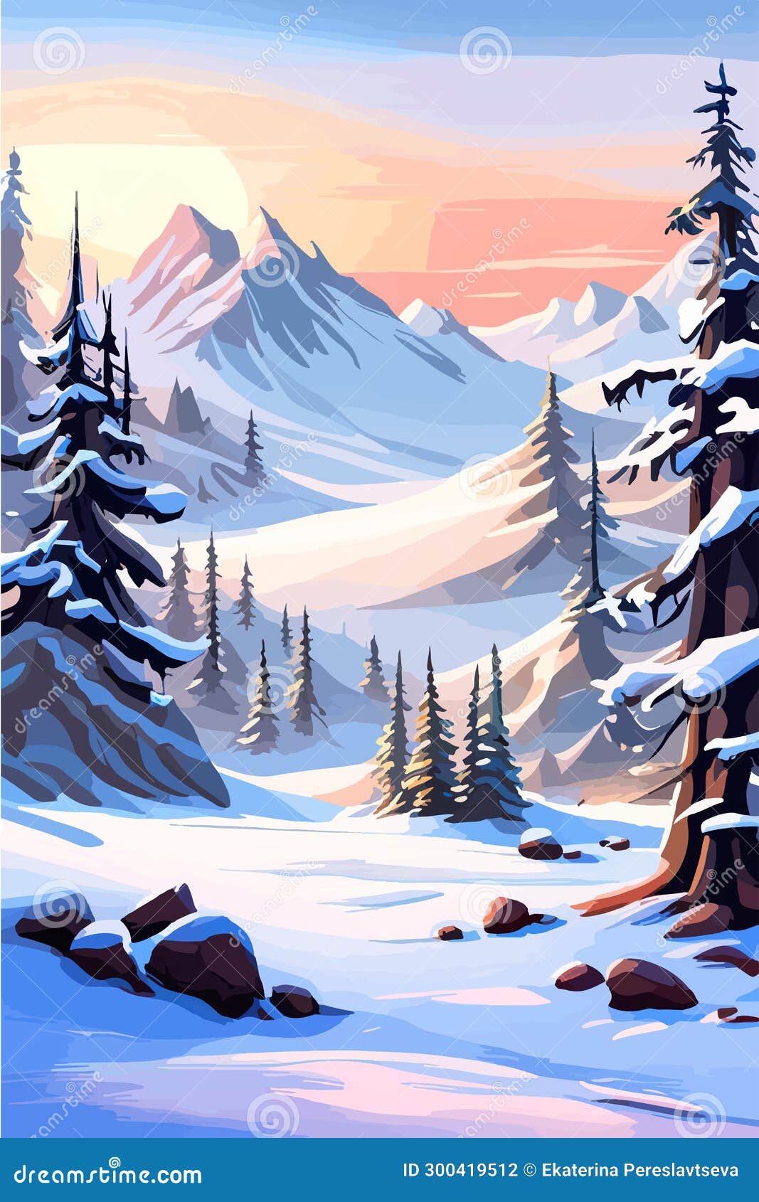 Vertical Snowfall in Winter Forest on the Background of Mountains ...