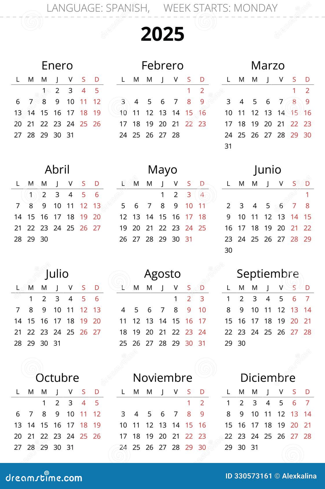 2025 Vertical Spanish Calendars. Printable Vector Illustration for ...