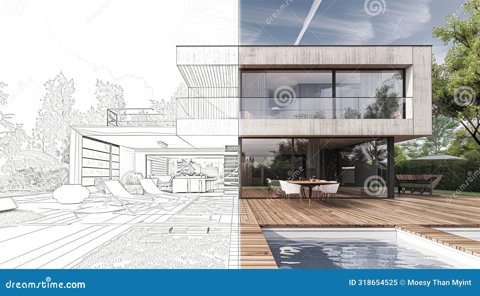 Vertical Split Screen Rendering of Detailed Sketch and Realistic Image ...