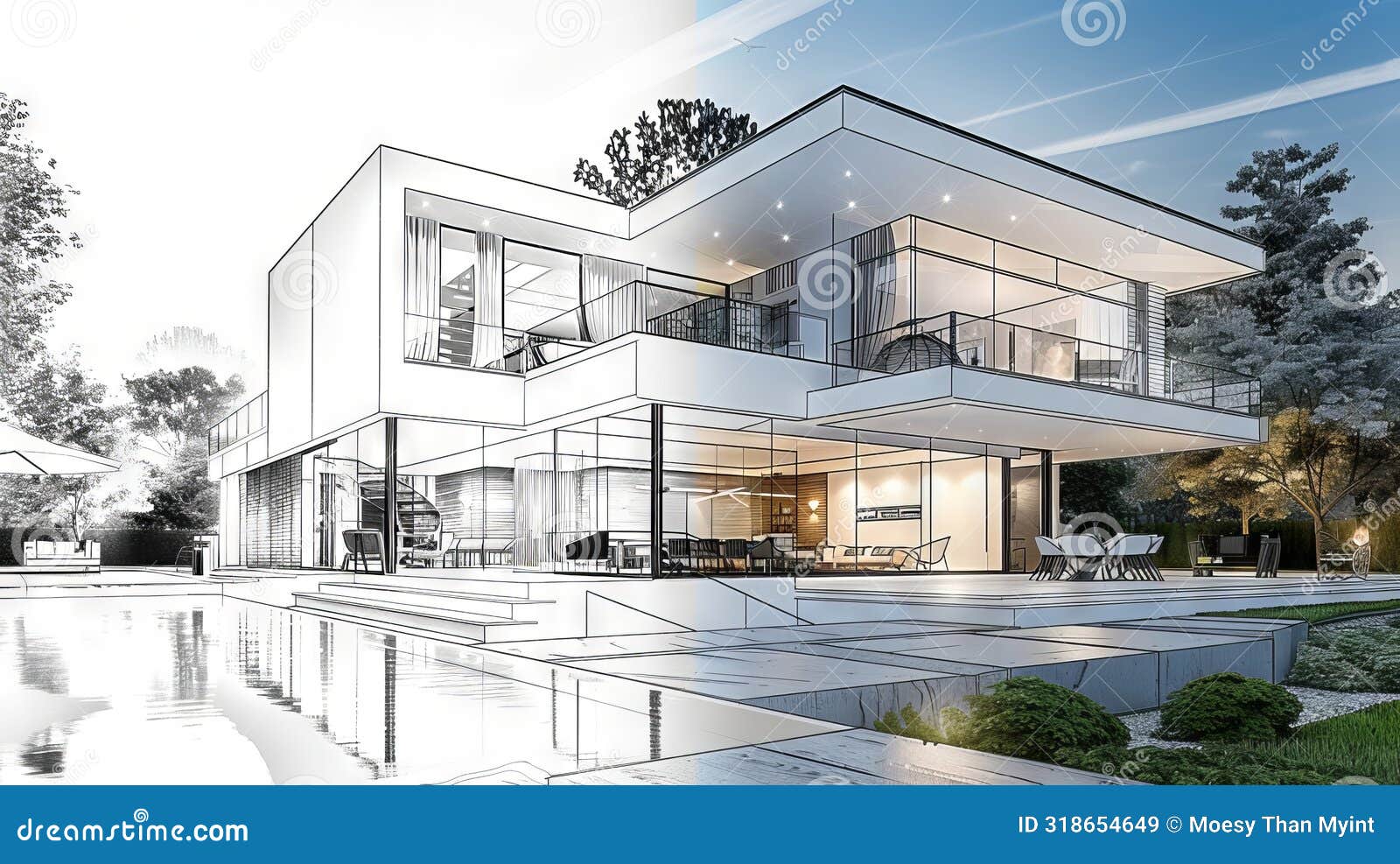 Vertical Split Screen Rendering of Detailed Sketch and Realistic Image ...