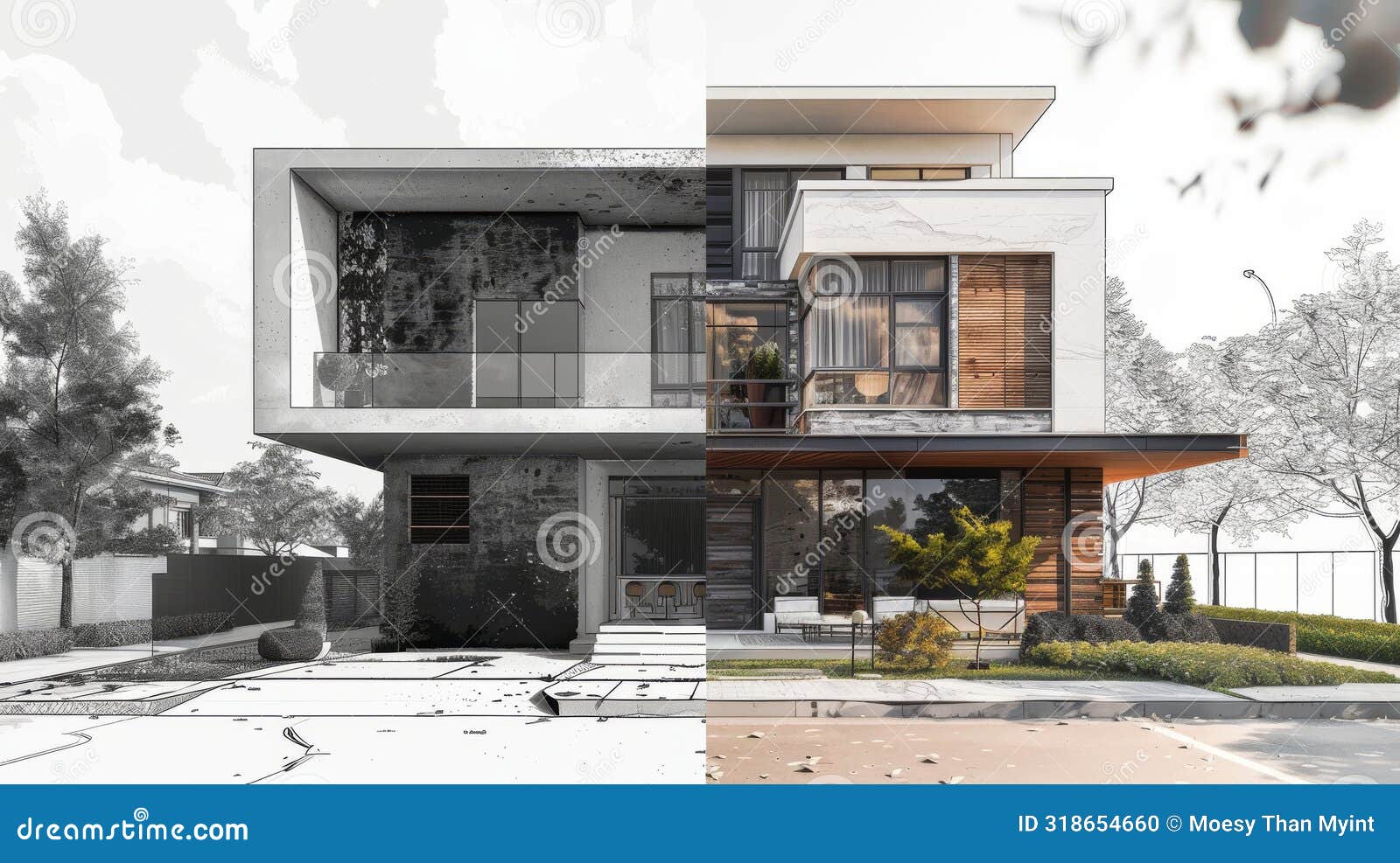 Vertical Split Screen Rendering of Detailed Sketch and Realistic Image ...
