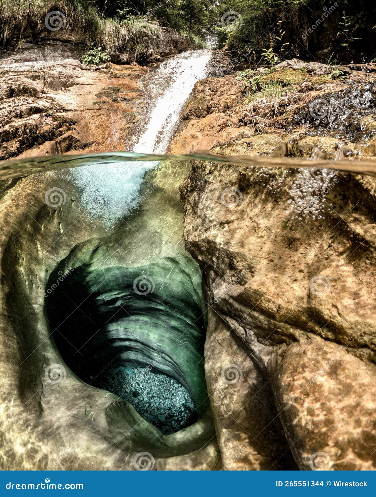 Vertical Split View of a Waterfall Above and Below Water Surface Stock ...