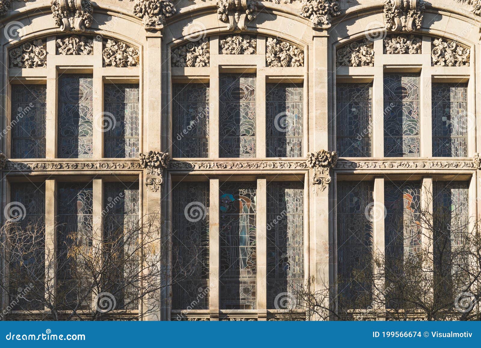Vertical Stained Glass Windows Of The Facade Of A Modernist Building ...