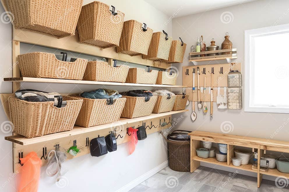 A Vertical Storage System with Baskets, Bins, and Hooks Stock Photo ...