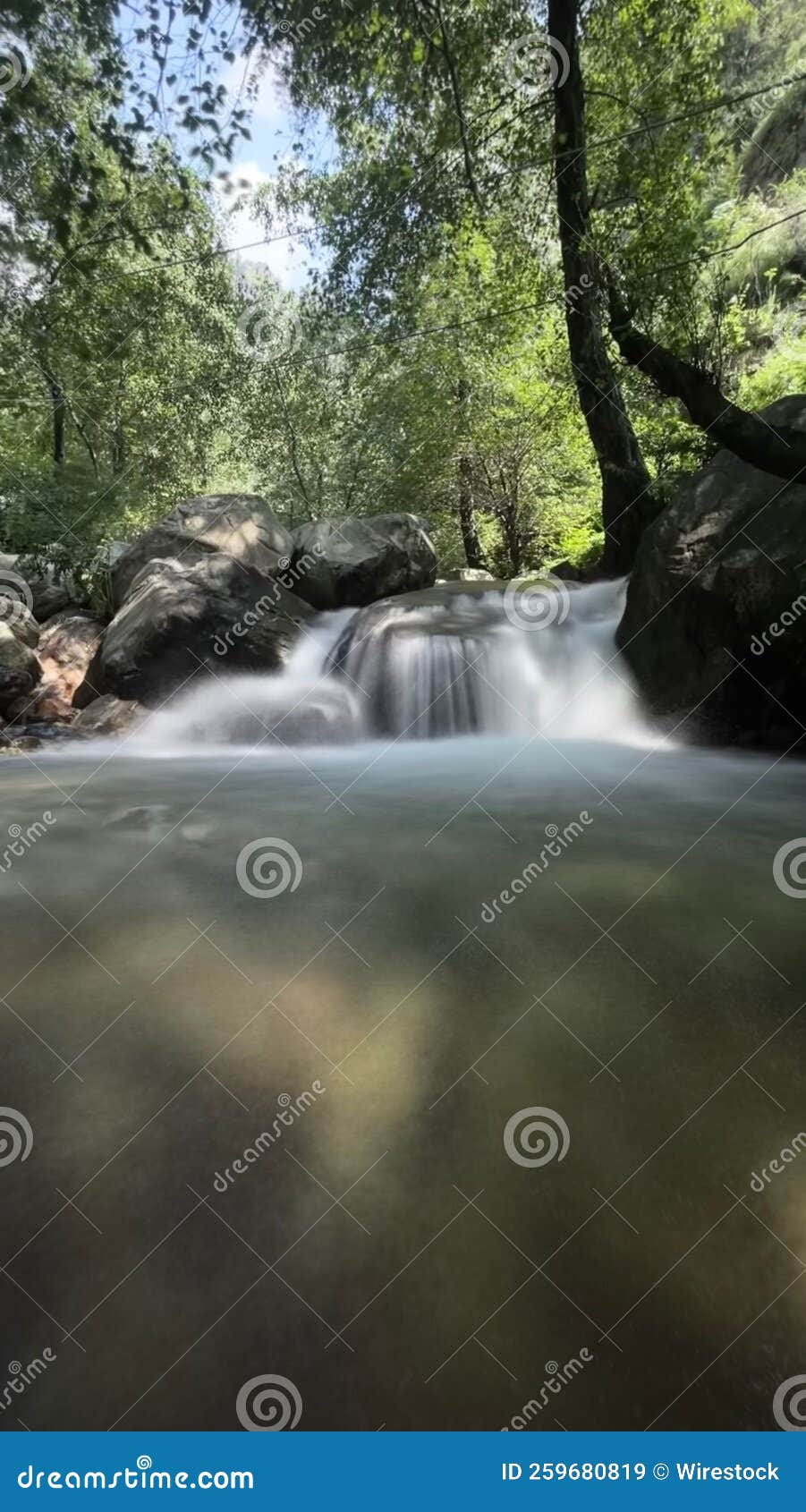 Vertical of a Stream Flowing Down the Rocks Surrounded by Trees Stock ...